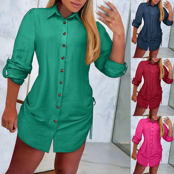 Antinious Women Solid Long Sleeve Collared Button Drawstring Side Loose ...