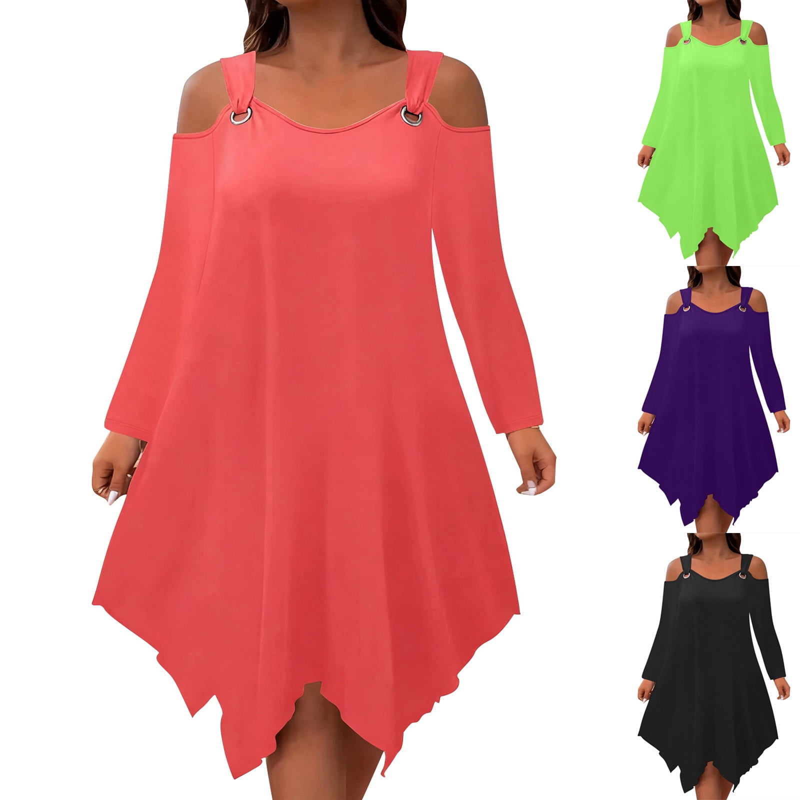 Antinious Women Solid Off The Shoulder Long Sleeve Plus Size Dress ...
