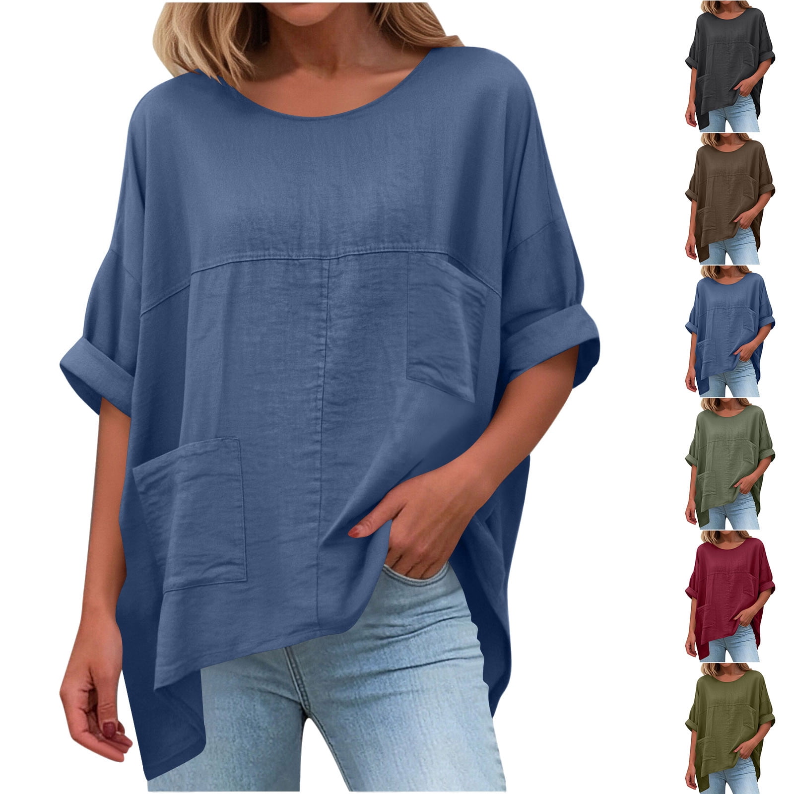 Antinious Women Solid Round Neck 3/4 Sleeve Loose Breathable Casual ...