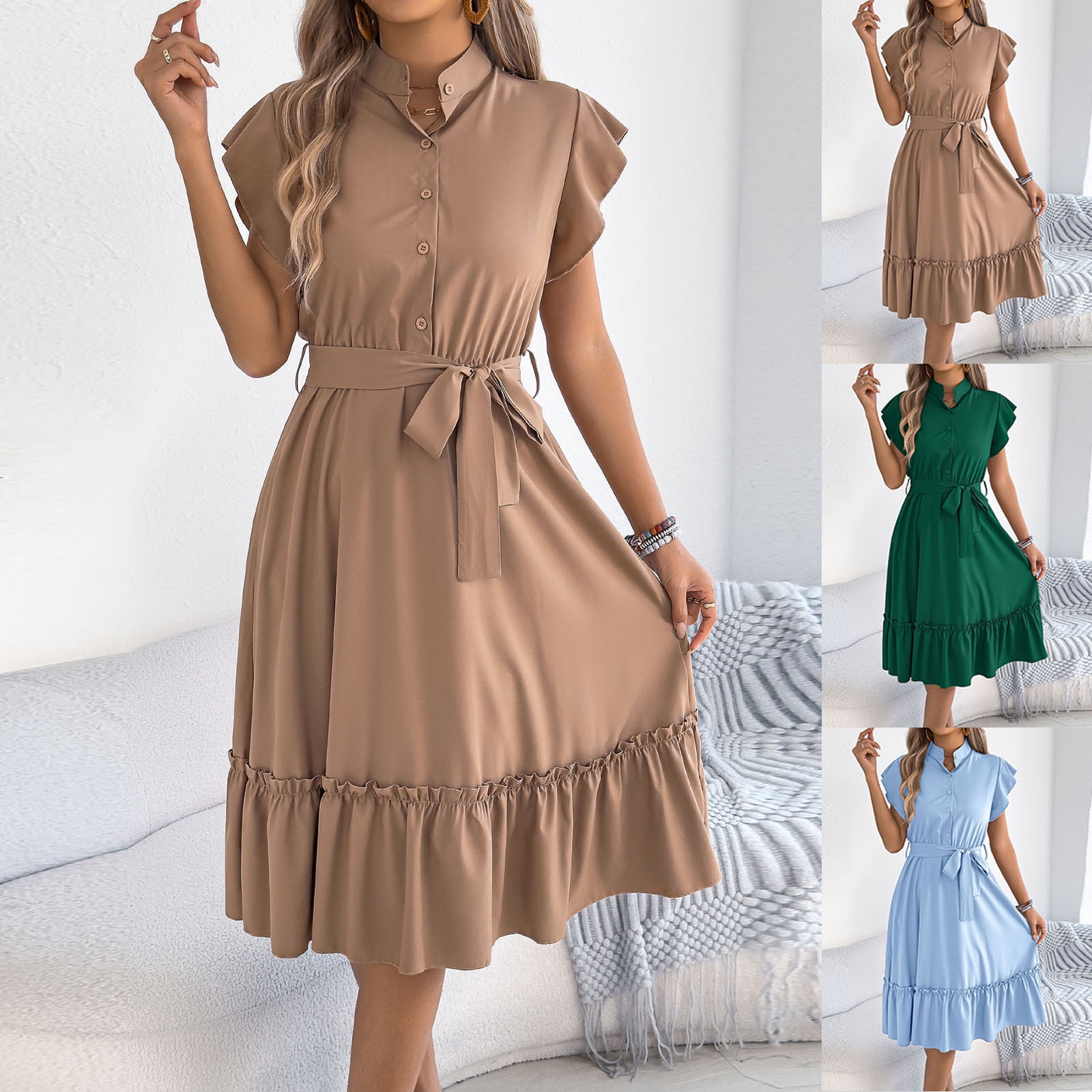 Antinious Women Solid Ruffled Sleeve Midi Dress With Belt Casual ...