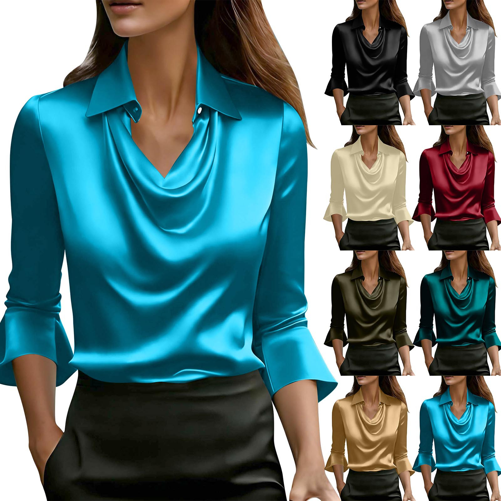 Antinious Women Solid Satin Elegant Dressy Casual Drape Neck 3/4 Sleeve ...