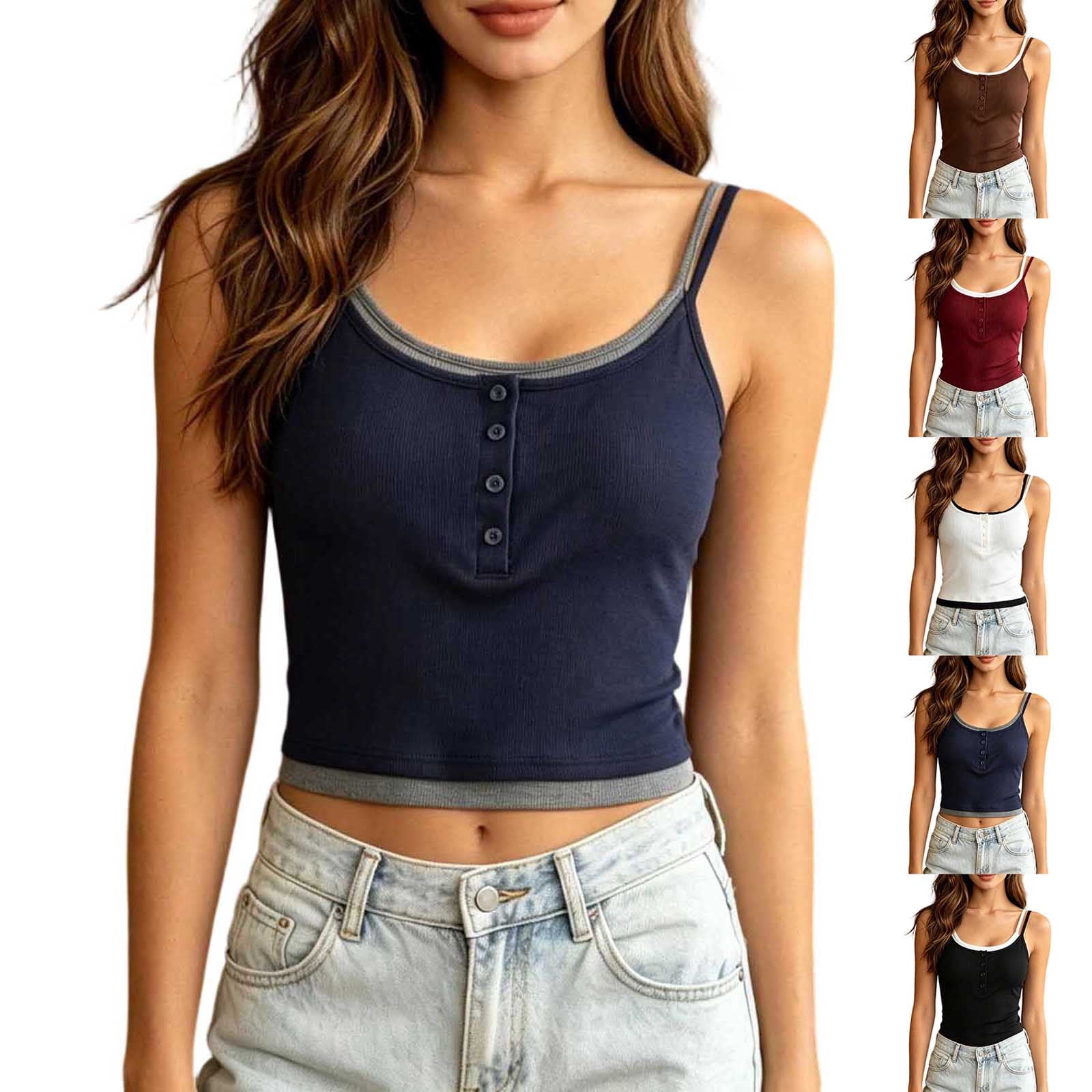 Antinious Women Solid Trendy Spaghetti Straps Fake 2 Piece Button Built ...