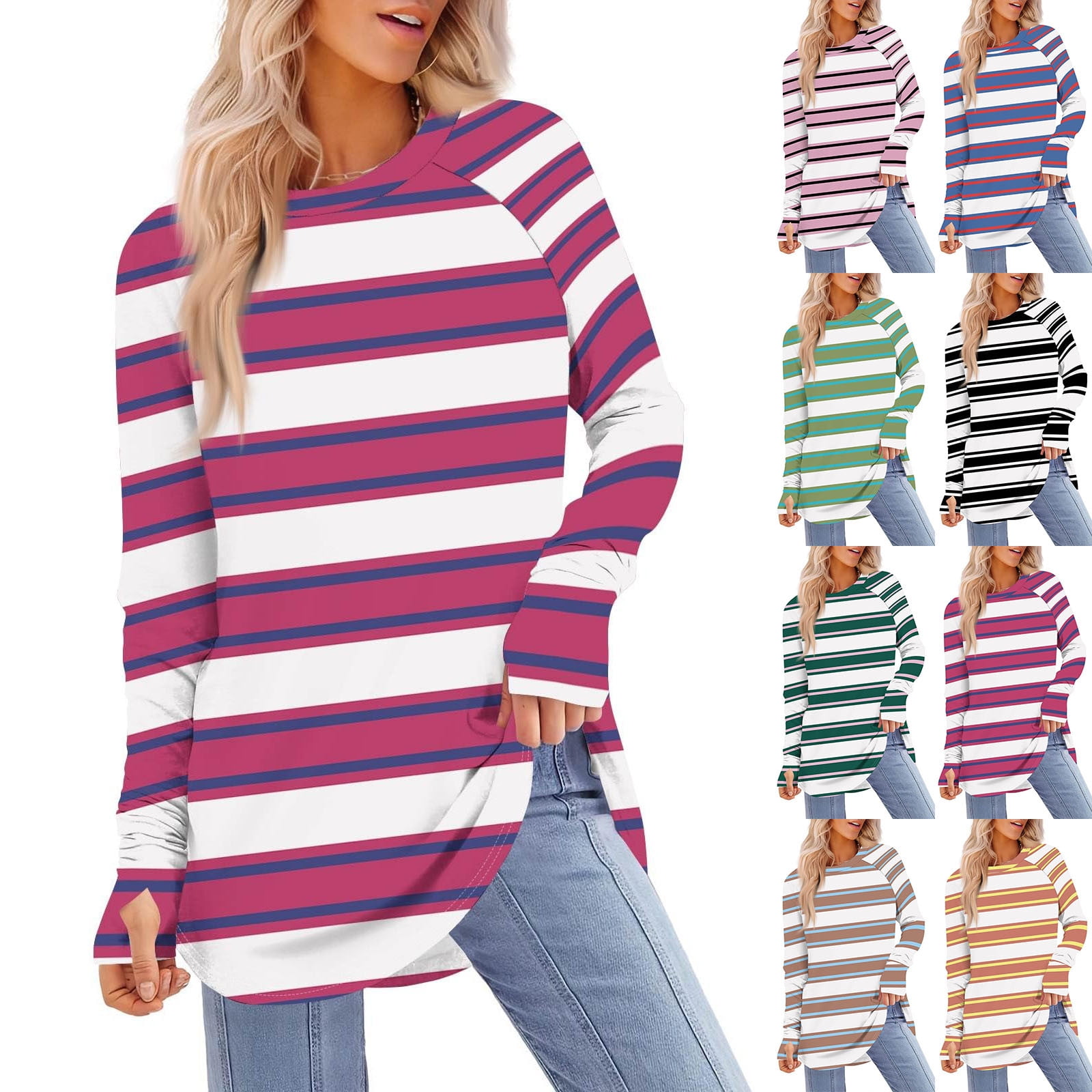 Antinious Women Stripe Long Sleeve Round Neck Thumb Hole Everyday ...