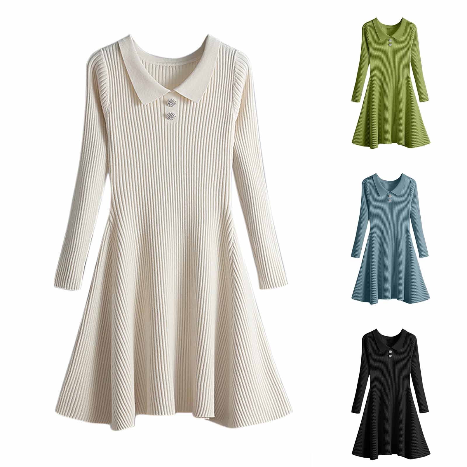 Antinious Women Sweater Dress Long Sleeve Solid Color Turn Down Collar ...