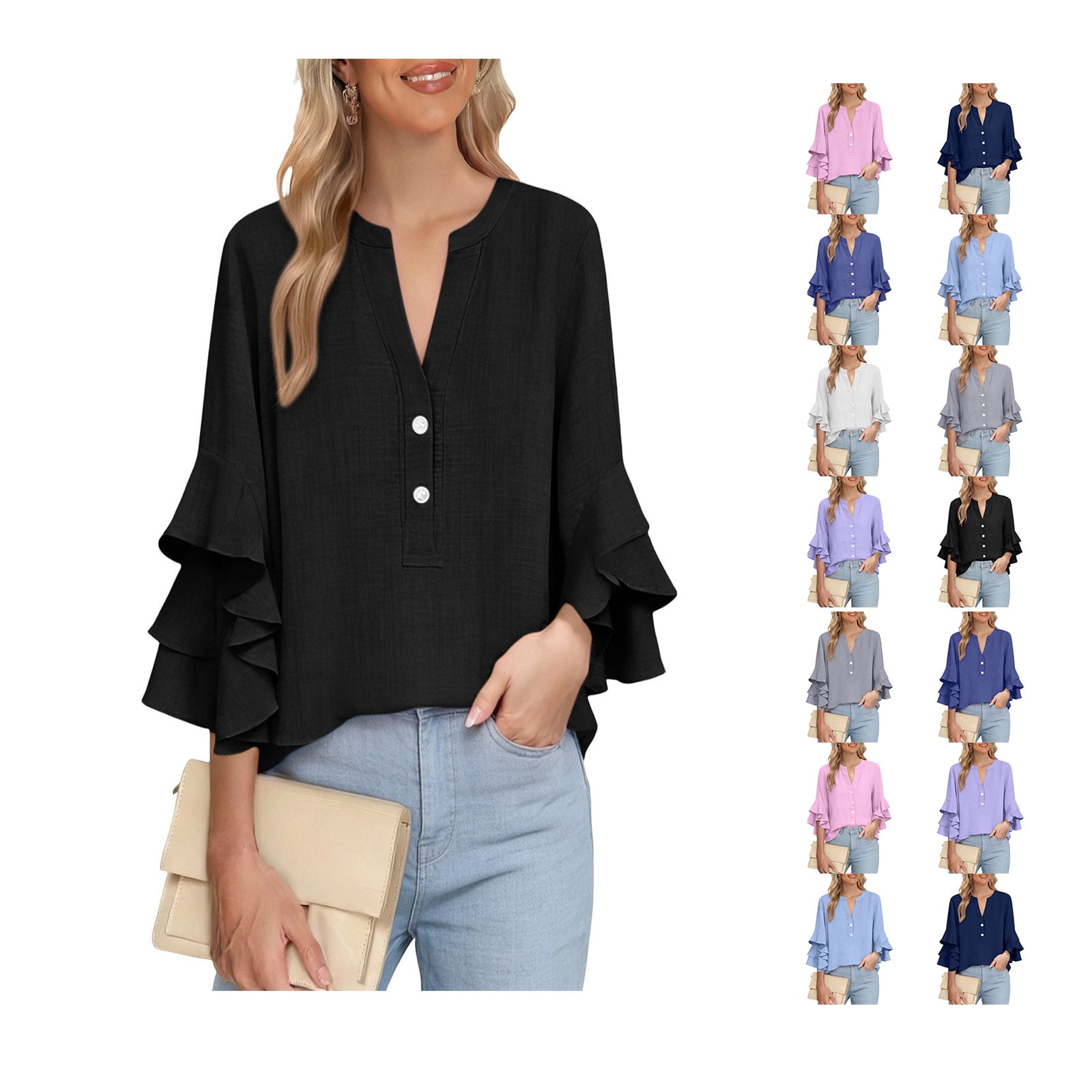 Antinious Women V-Neck 3/4 Sleeve Lace Side Solid Button Loose Daily ...