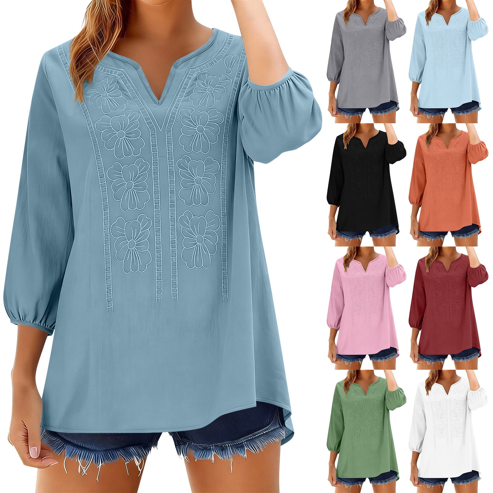 Antinious Women V-Neck 3/4 Sleeve Linen Style Embroidery Solid Tops ...