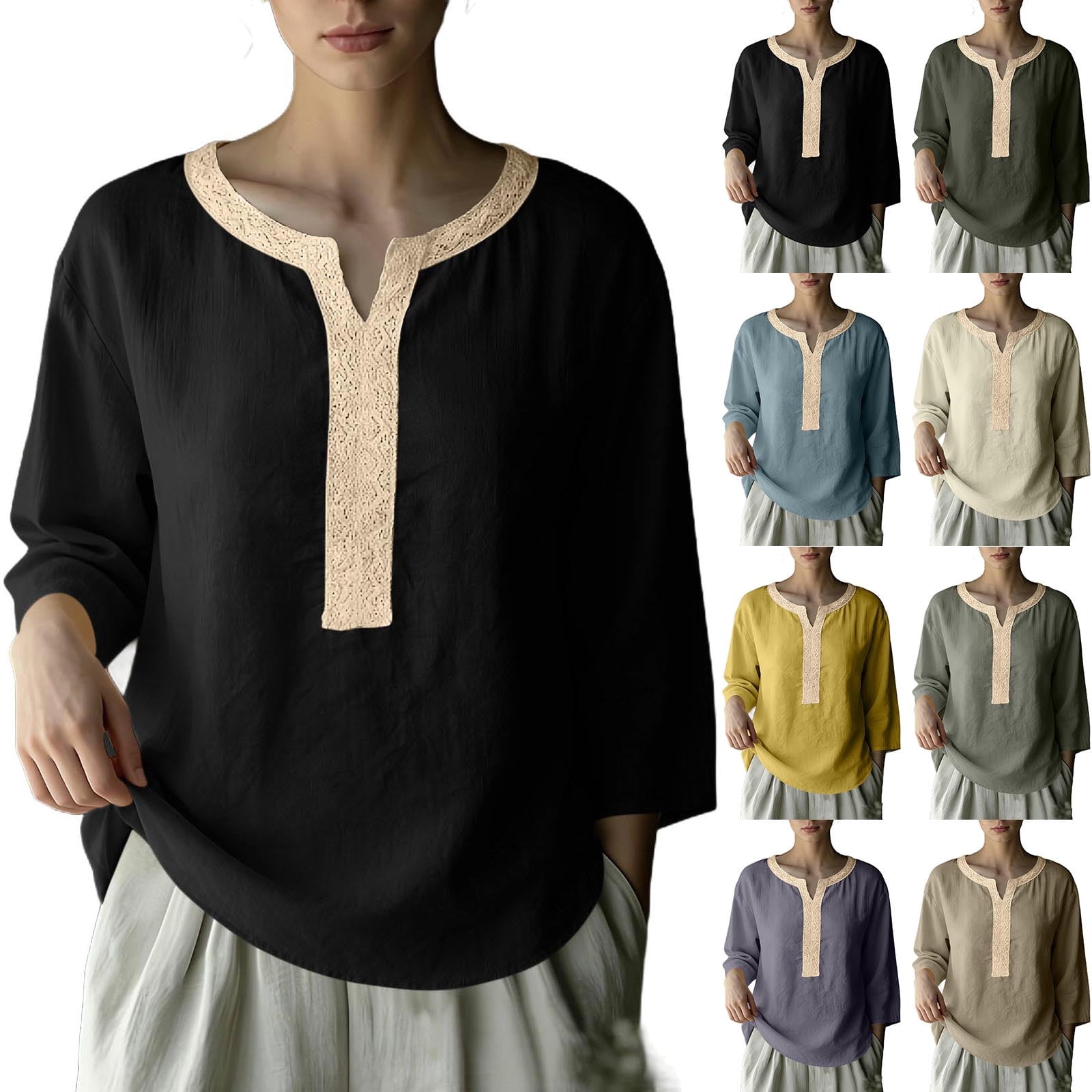 Antinious Women V-Neck 3/4 Sleeve Linen Style Solid Lace Soft Blouses ...