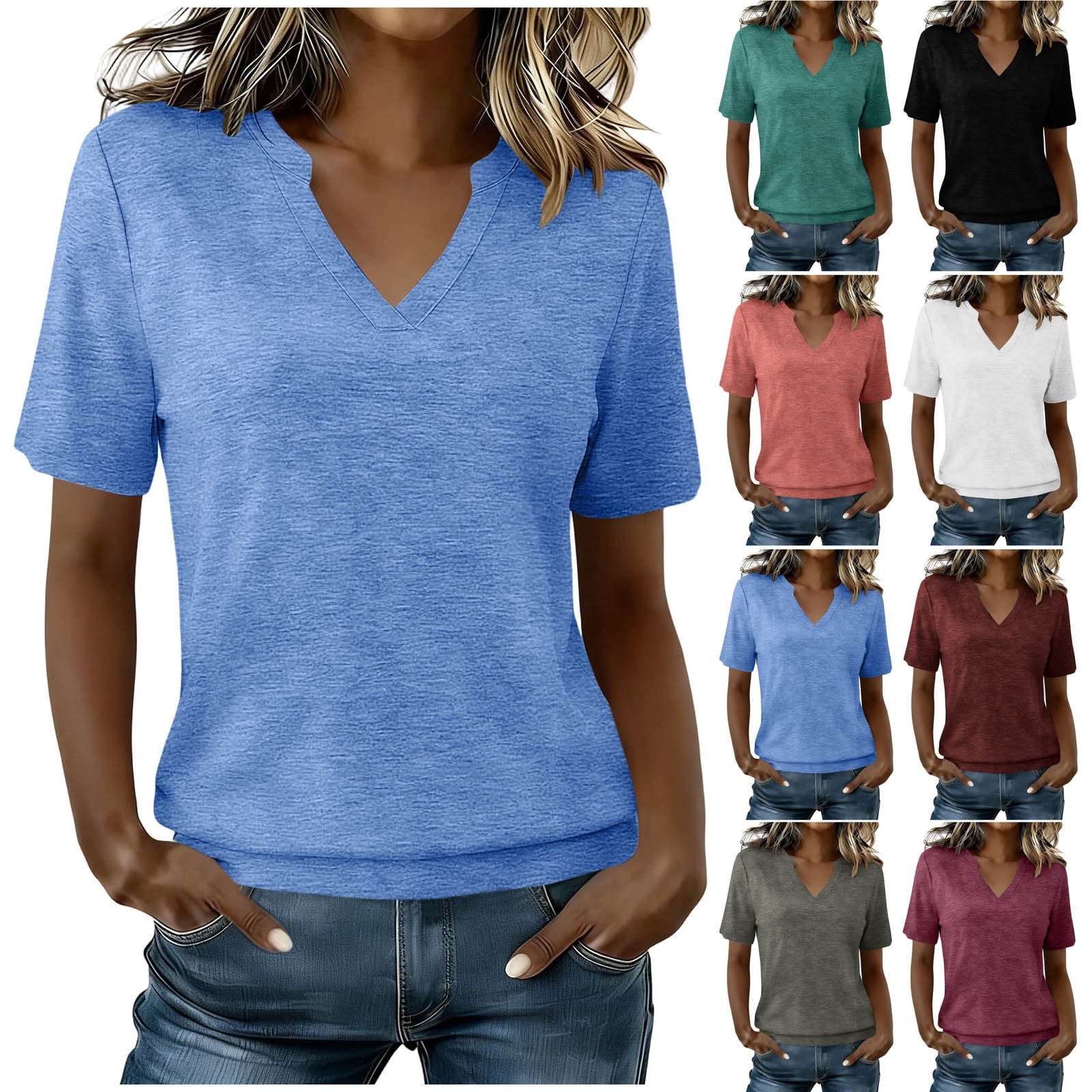 Antinious Women V-Neck 3/4 Sleeve Solid Loose Plus Size Daily Tops ...