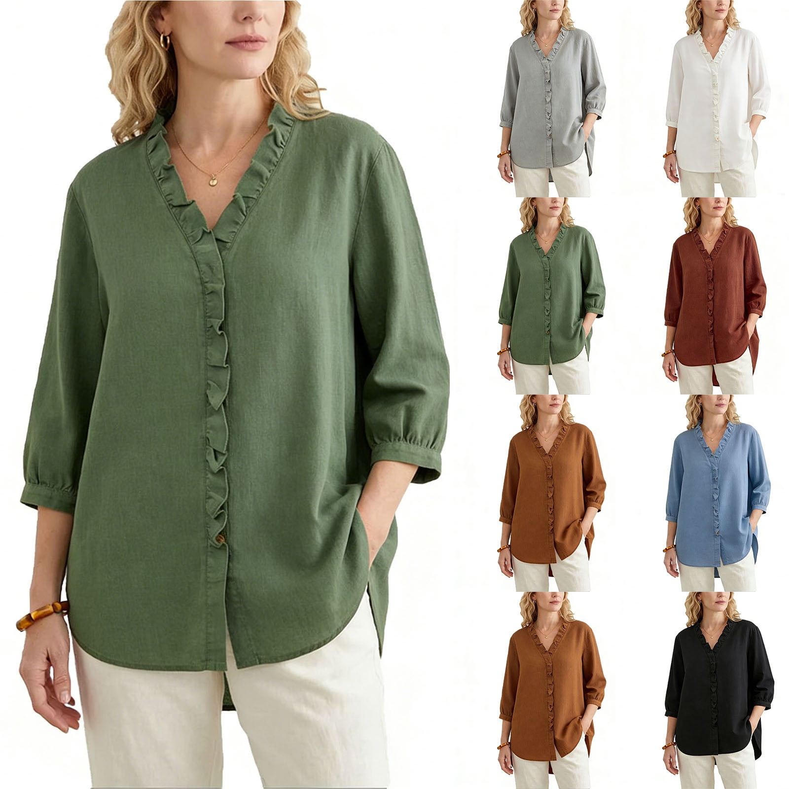 Antinious Women V-Neck 3/4 Sleeve Solid Ruffle Button Loose Summer Tops ...