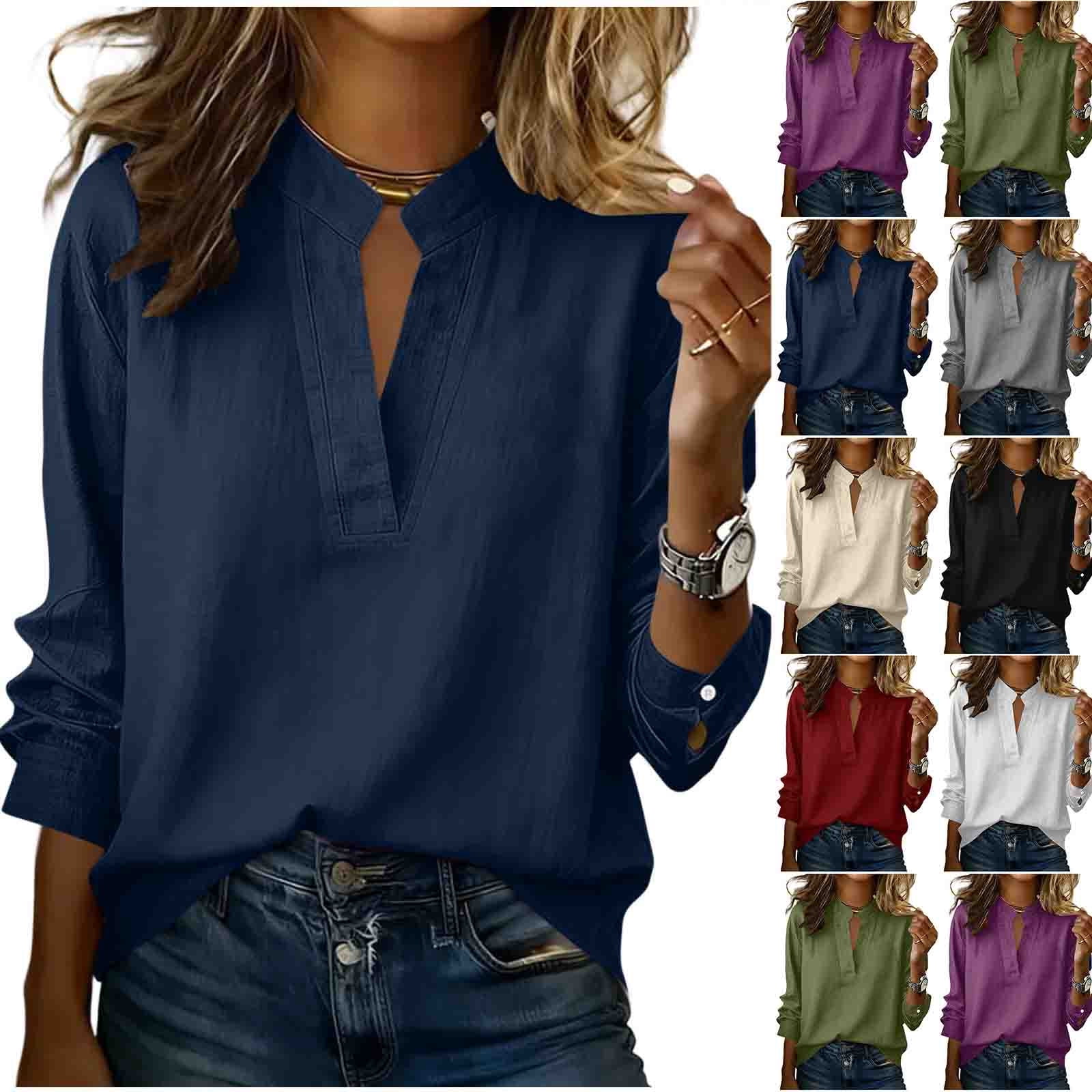Antinious Women V-Neck Long Sleeve Linen Look Half Open Fashion Blouses ...