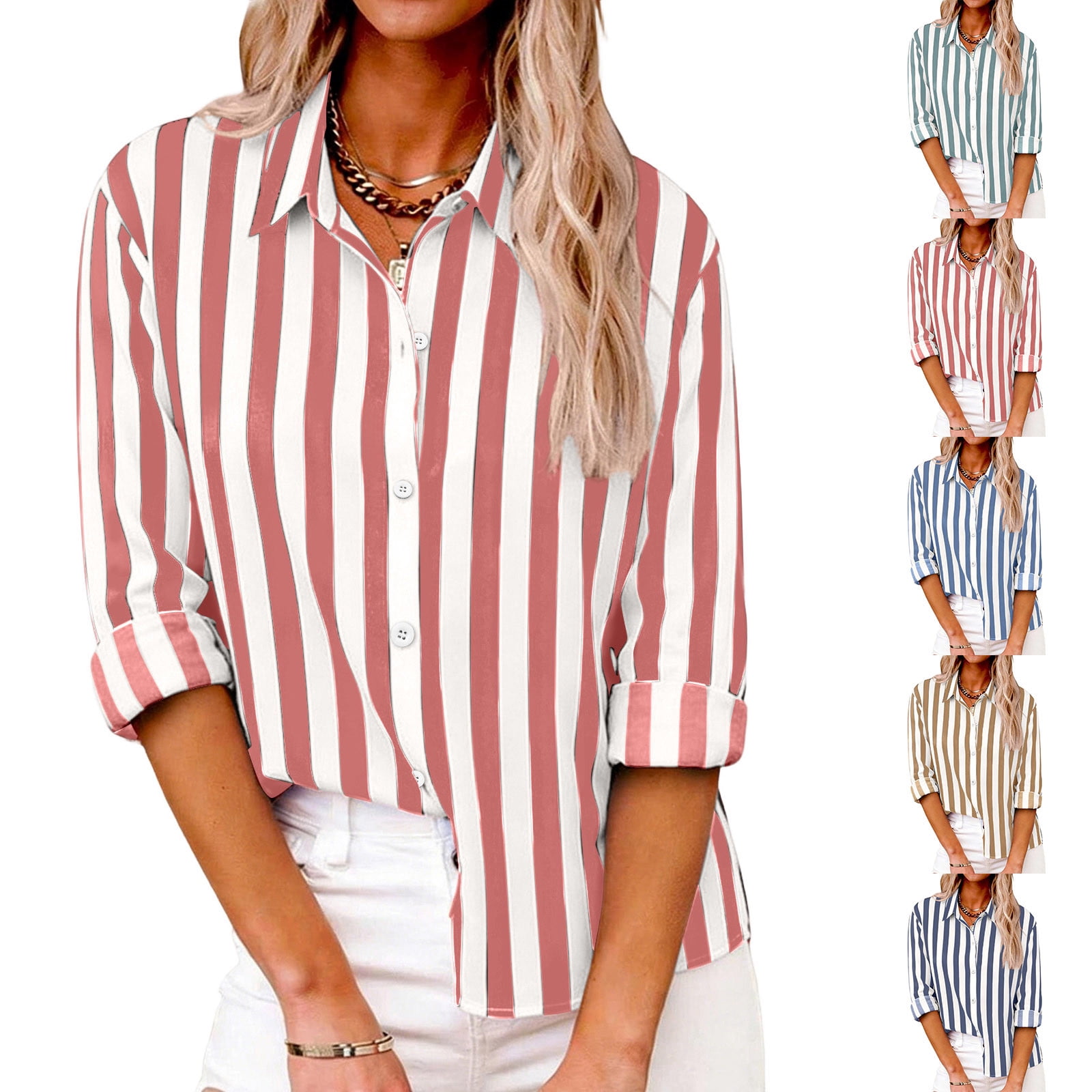 Antinious Women V-Neck Long Sleeve Stripe Button Loose Casual Blouses ...