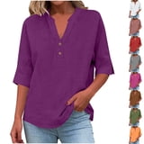 Antinious Women V-Neck Mid Sleeve Linen Style Solid Button Loose Tops ...