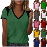 Antinious Women V-Neck Short Sleeve Patchwork Printed Soft Leisure Tops ...