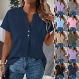 Antinious Women V-Neck Short Sleeve Solid Button Soft Leisure Dressy ...