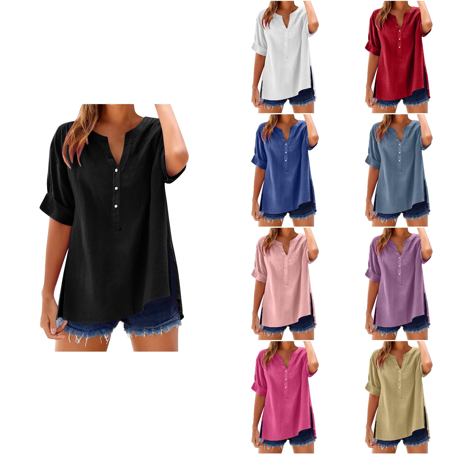 Antinious Women V-Neck Short Sleeve Solid Linen Like Button High Slit ...