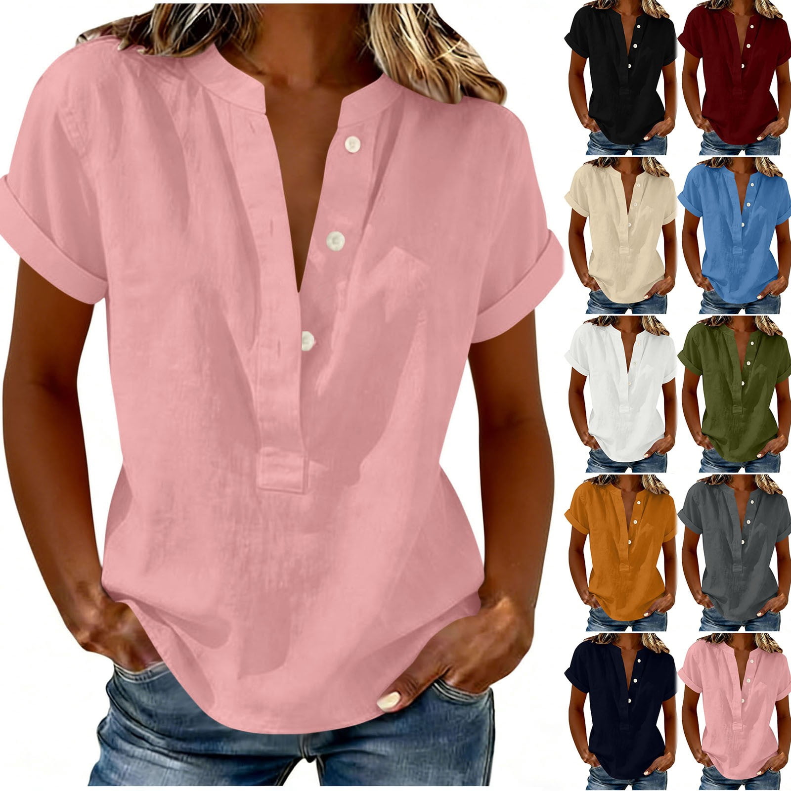 Antinious Women V-Neck Short Sleeve Solid Linen Look Button Loose Tops ...