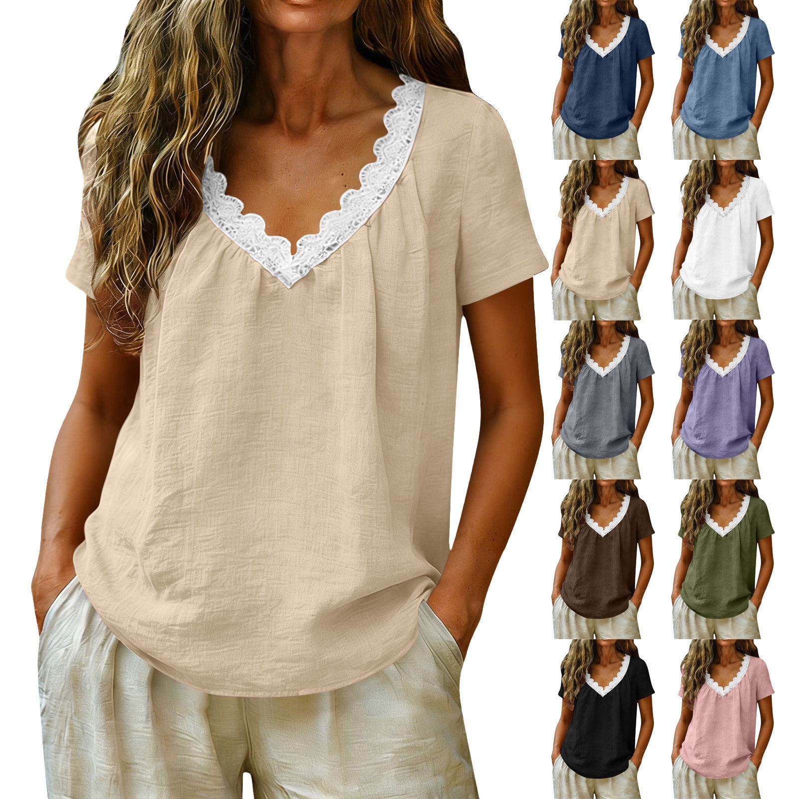 Antinious Women V-Neck Short Sleeve Solid Linen Style Lace Patchwork ...