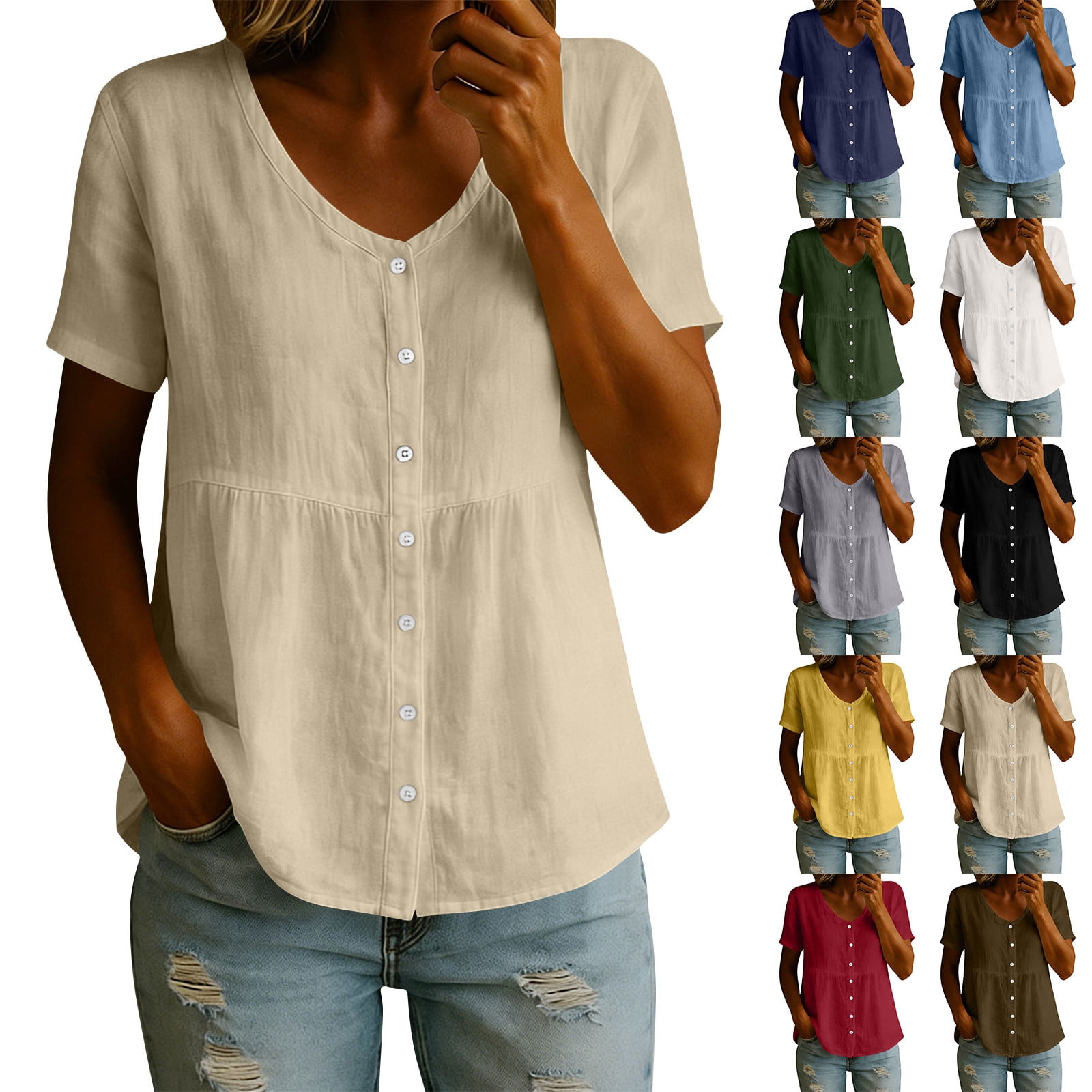Antinious Women V-Neck Short Sleeve Solid Open Button Soft Leisure ...