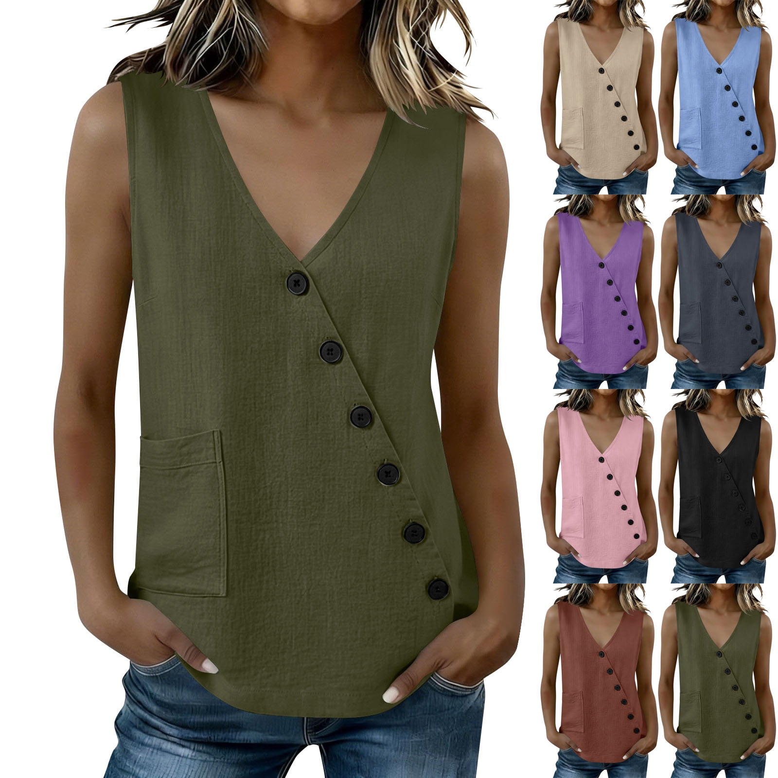 Antinious Women V-Neck Sleeveless Solid Side Button Pockets Tops ...