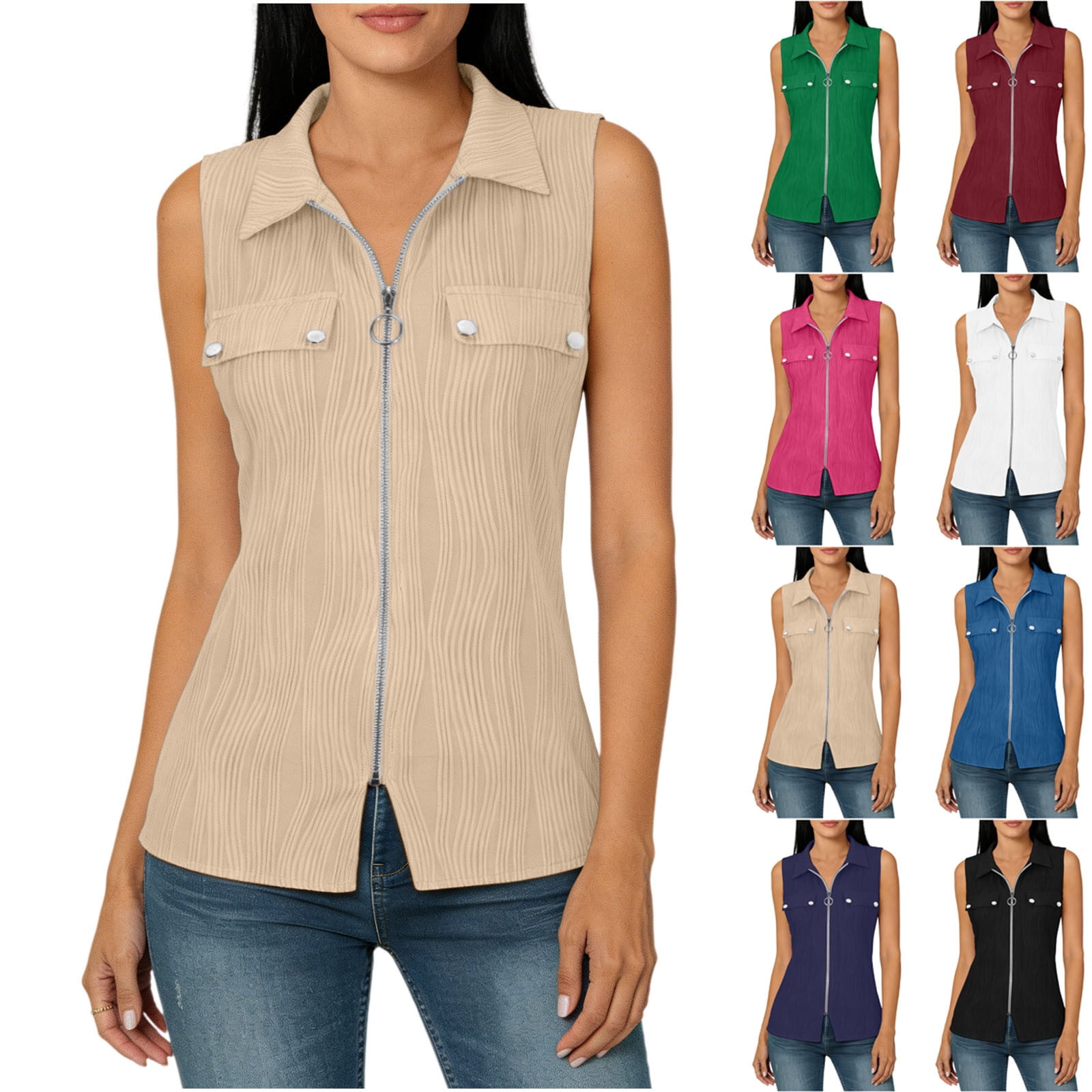 Antinious Women V-Neck Sleeveless Solid Wave Texture Front Zip Blouses ...