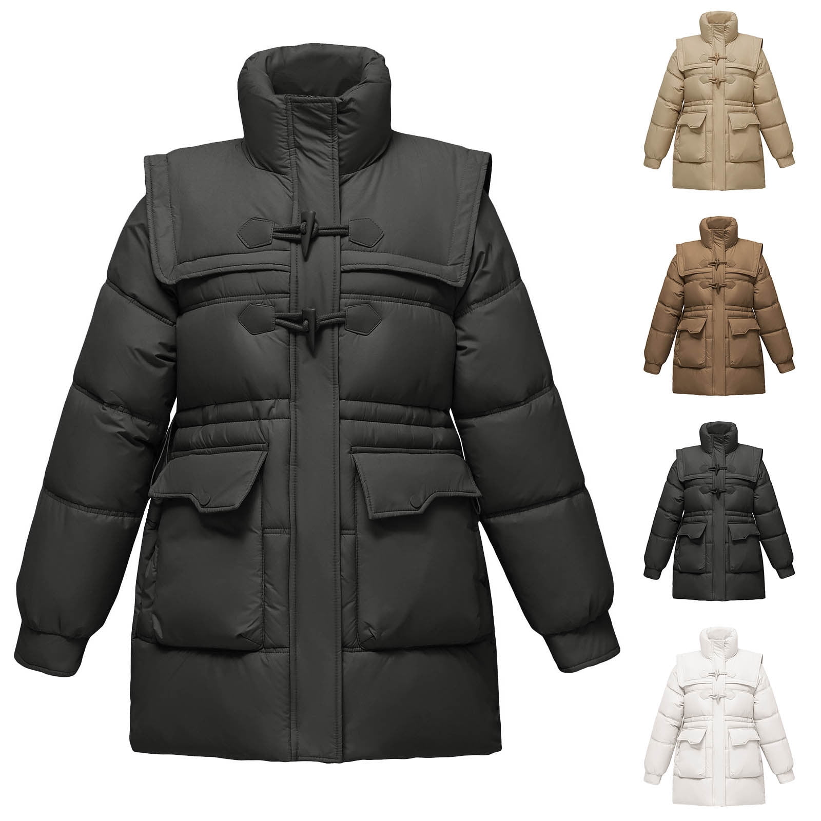 Antinious Women Windproof Coat Solid Color Casual Long Sleeve Stand Collar Sleeveless Padded ...