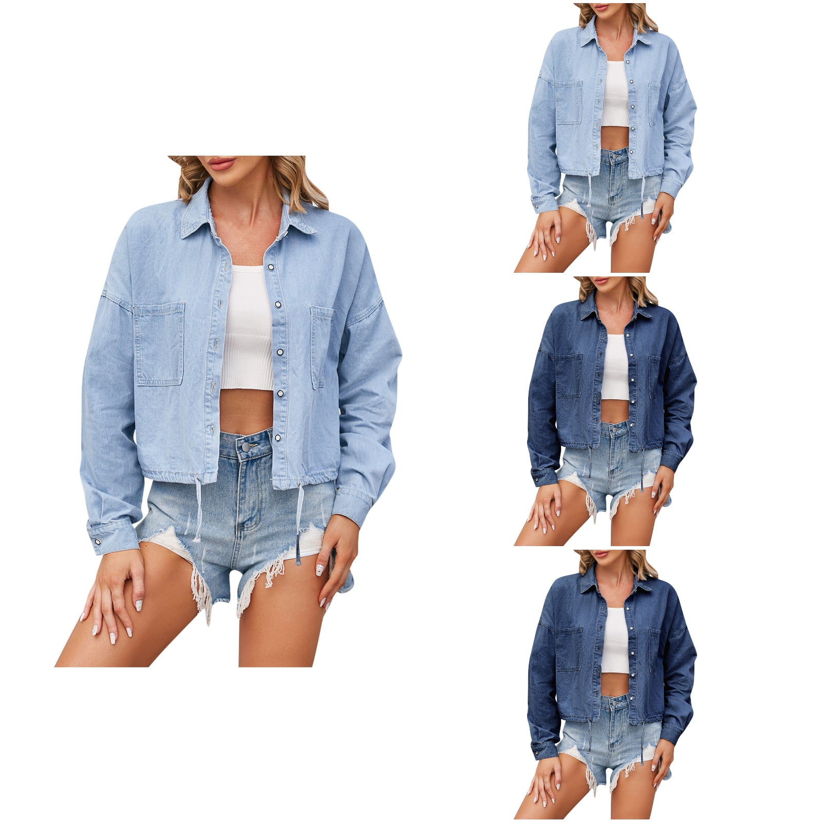 Antinious Womens Jean Jacket Frayed Washed Button Up Cropped Silm Denim ...