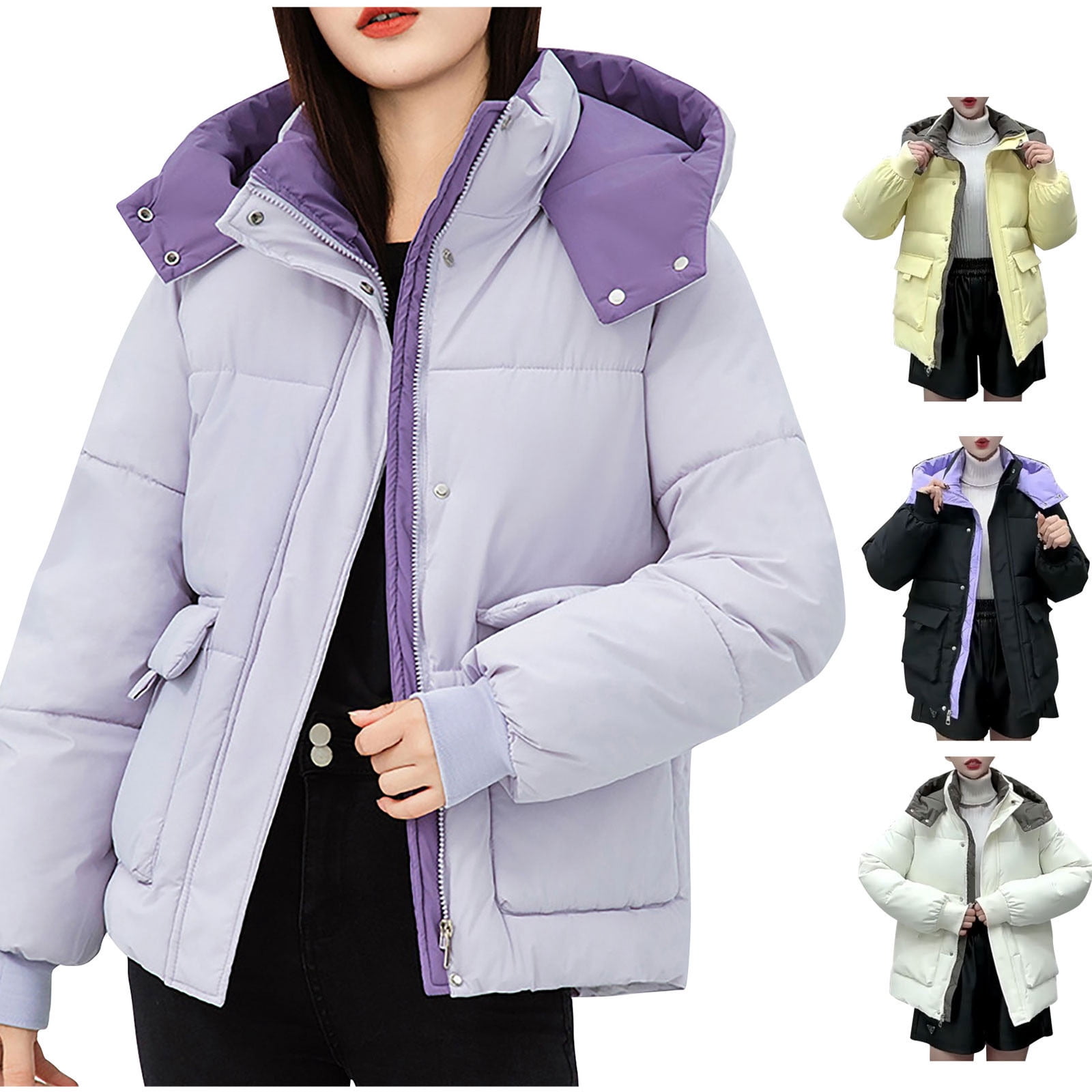 Antinious Womens Long Sleeve Puffer Jacket Mixed Color Hooded Coat with ...