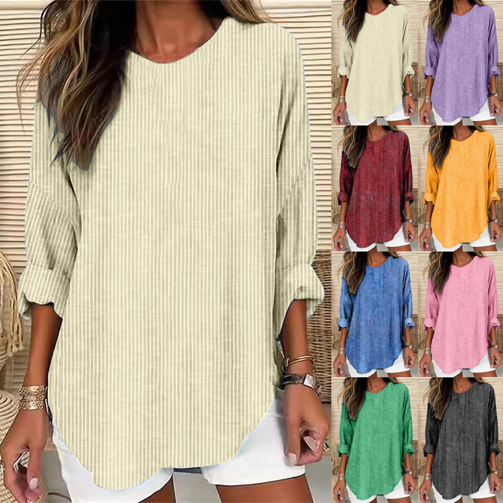 Antinious Womens Long Sleeve Striped Print Crewneck Roll Sleeve Shirt V ...