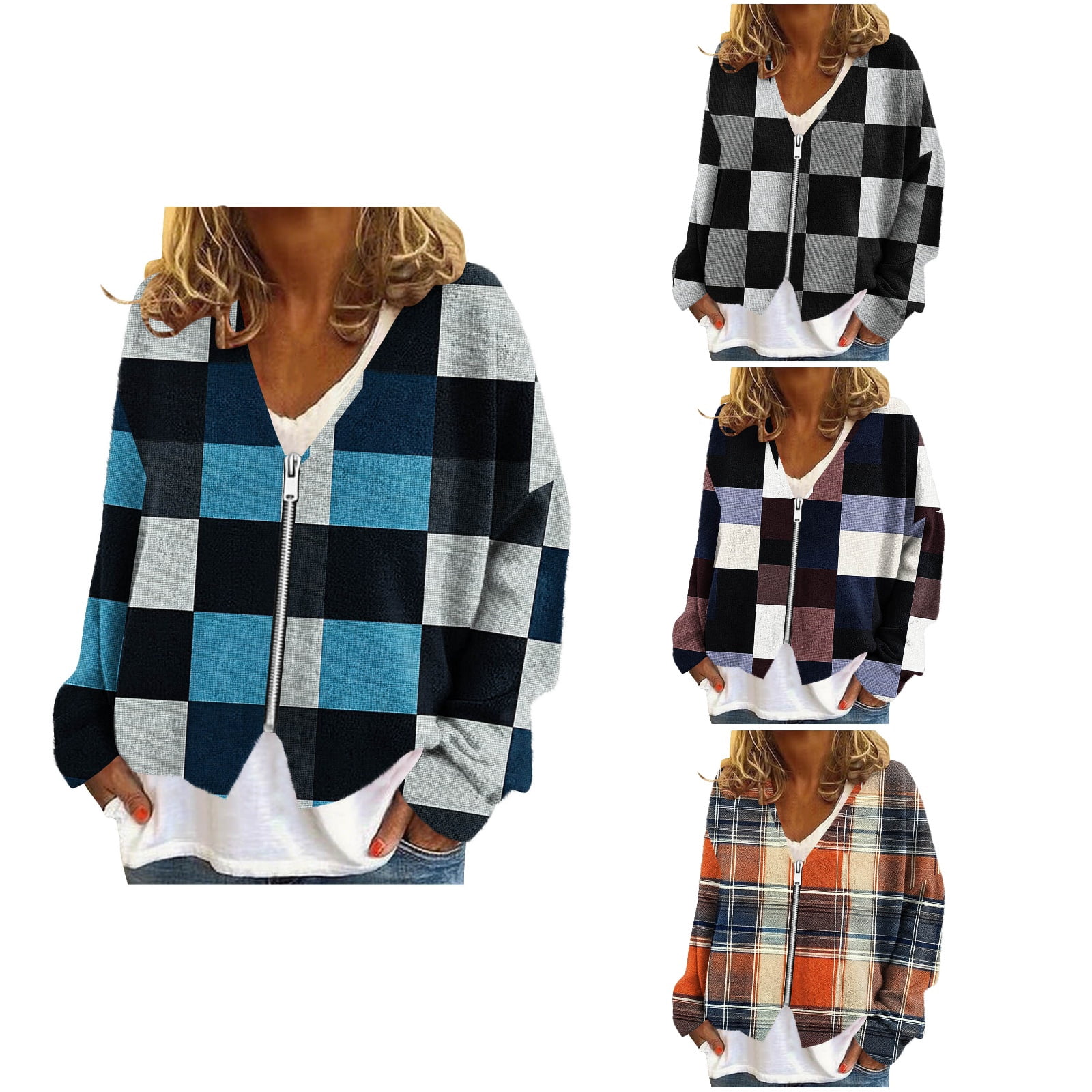 Antinious Womens Plaid Shacket Jacket Long Sleeve Zipper Printed Fleece ...