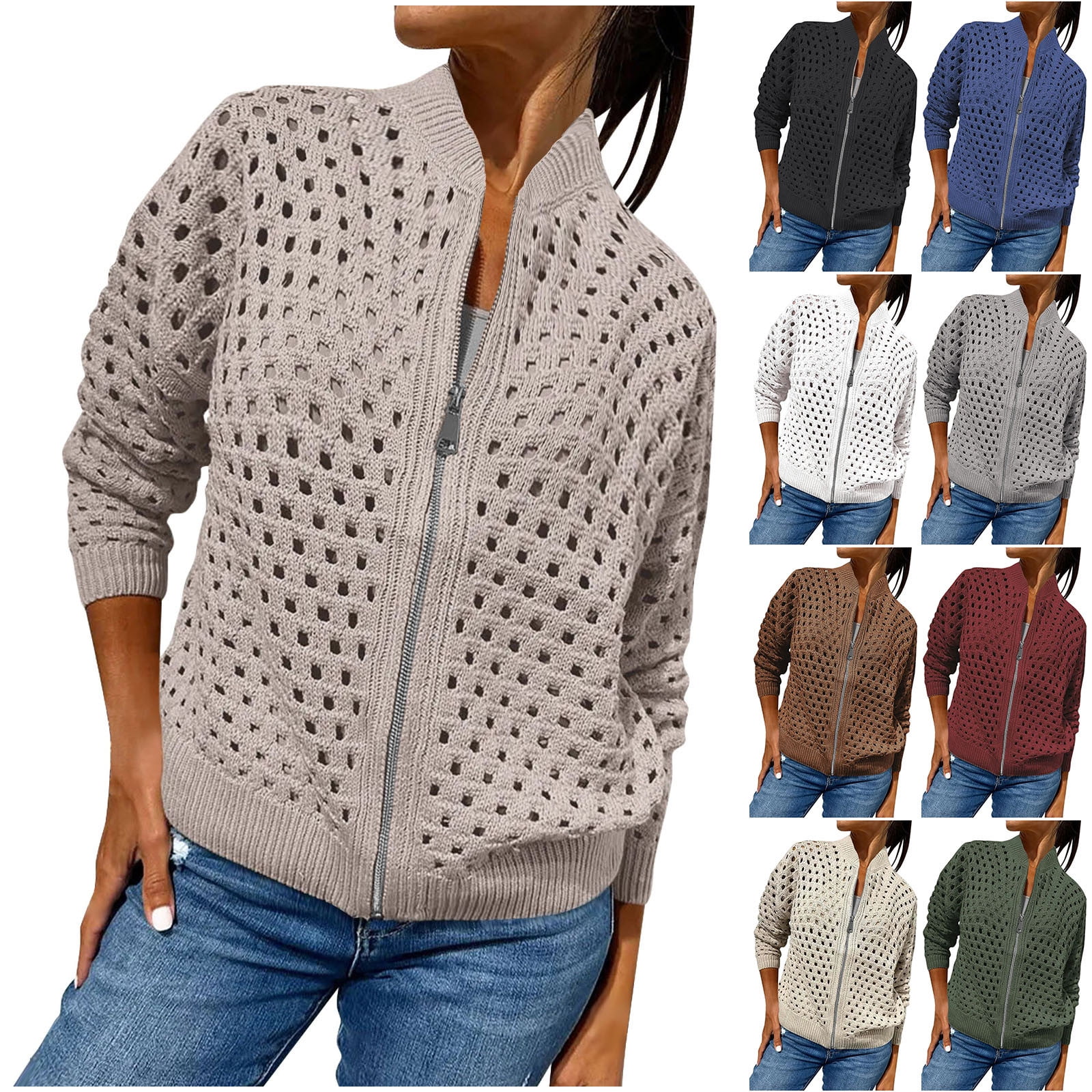 Antinious Womens Plus Size Casual Solid Open Knit Long Sleeve Zipper ...