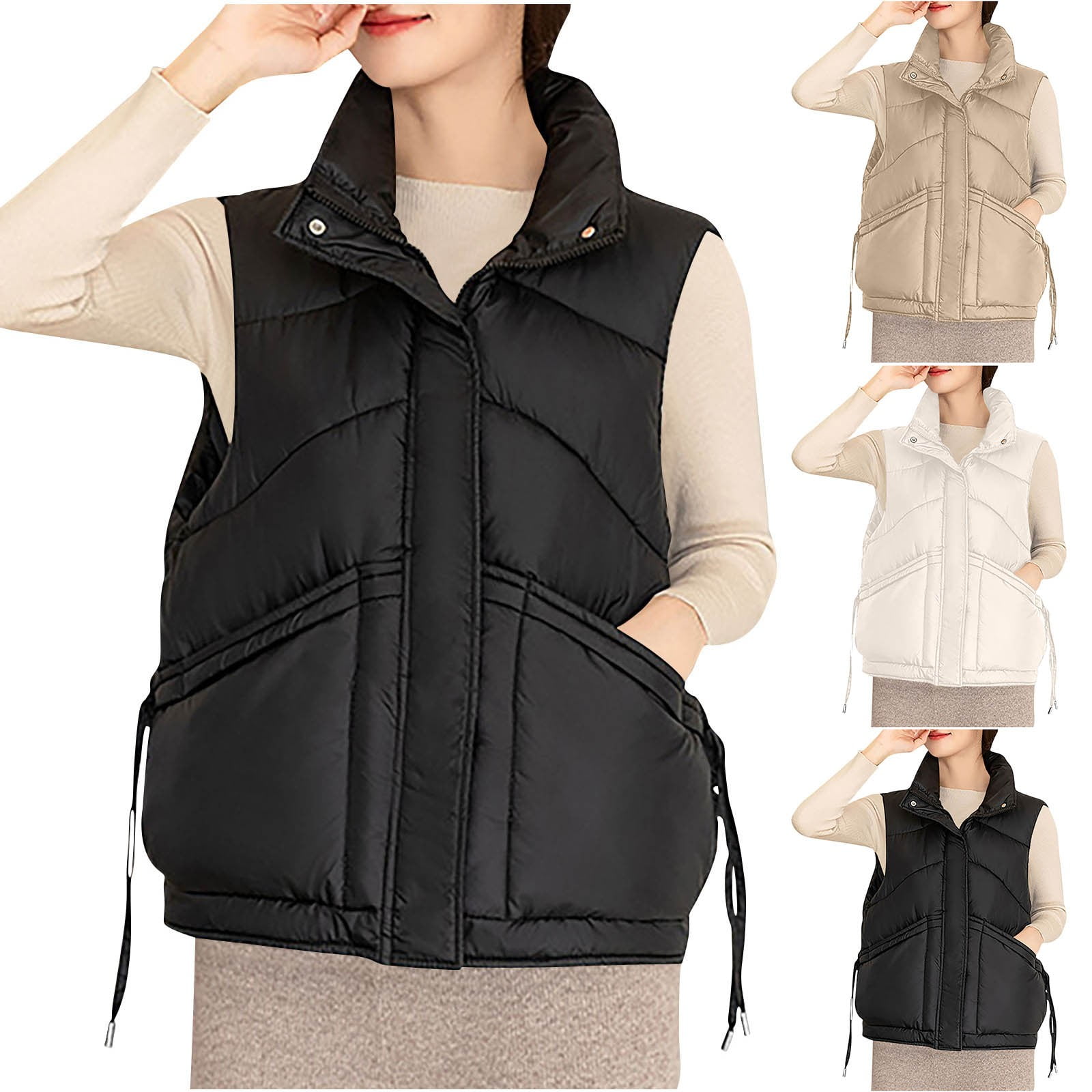 Antinious Womens Plus Size Solid Stand Collar Jacket Sleeveless Zipper Front Puffer Jacket with ...