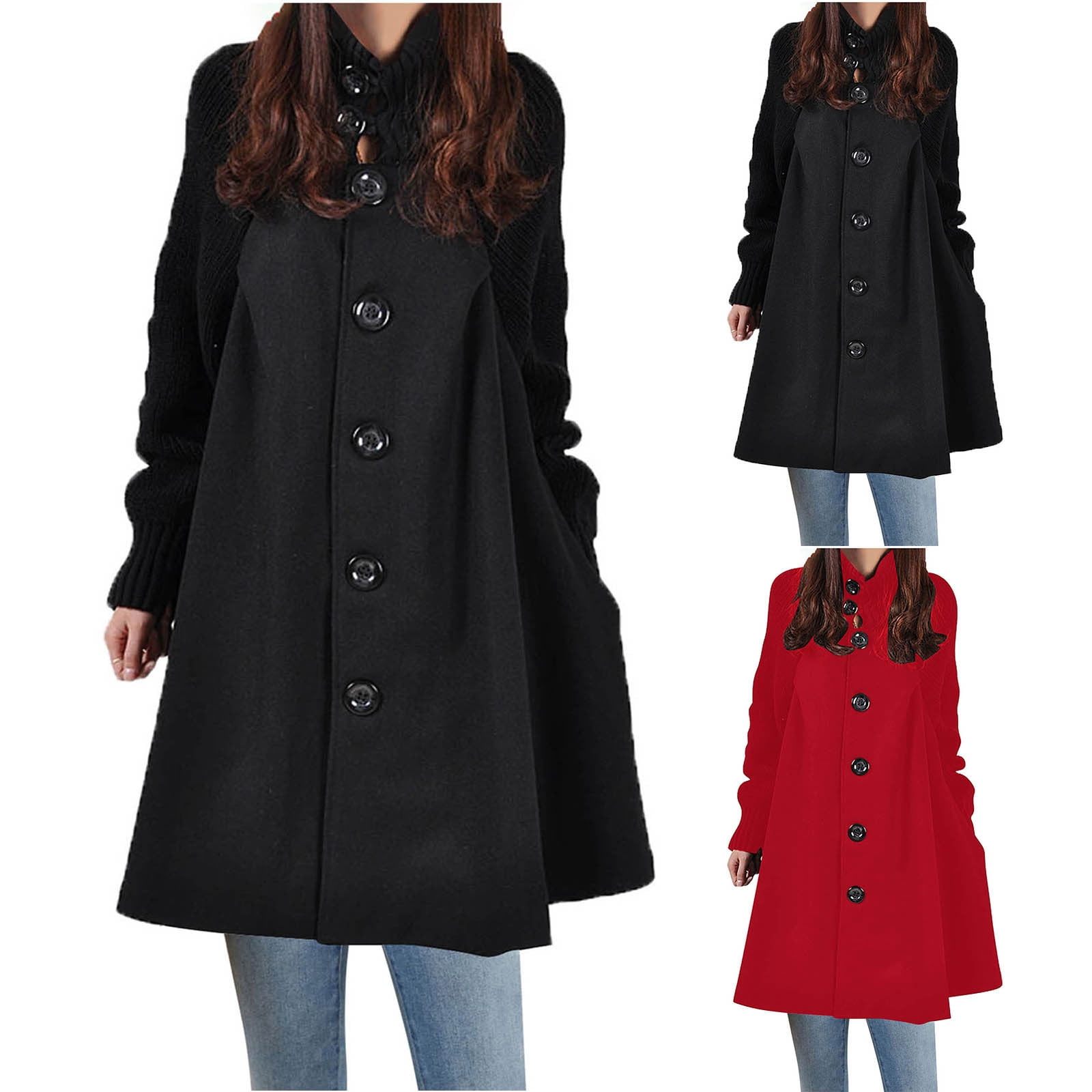 Antinious Womens Plus Size Solid Wool Cape Coat Long Sleeve Trench Coat ...