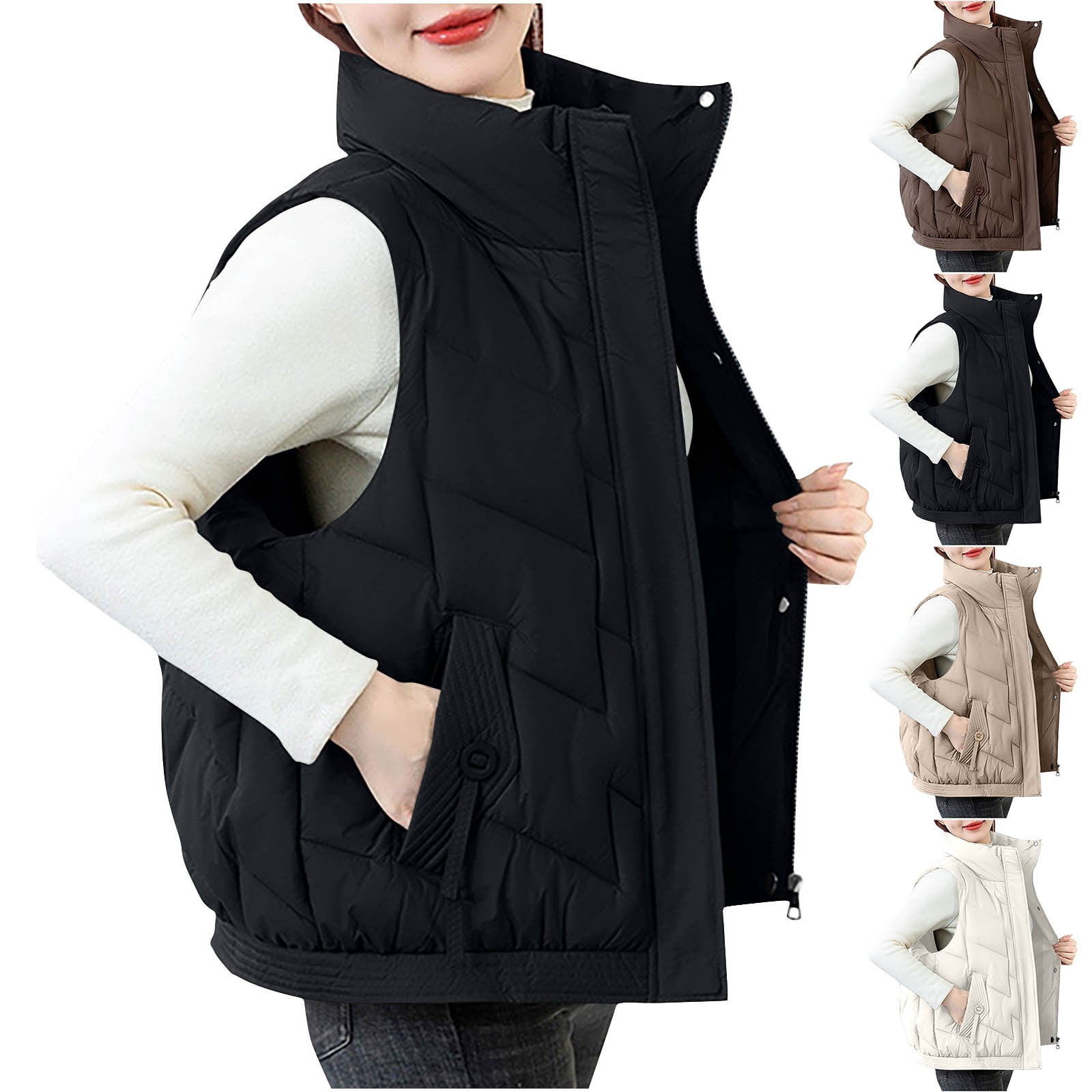 Antinious Womens Solid Sleeveless Collarless Button Down Puffer Jacket ...