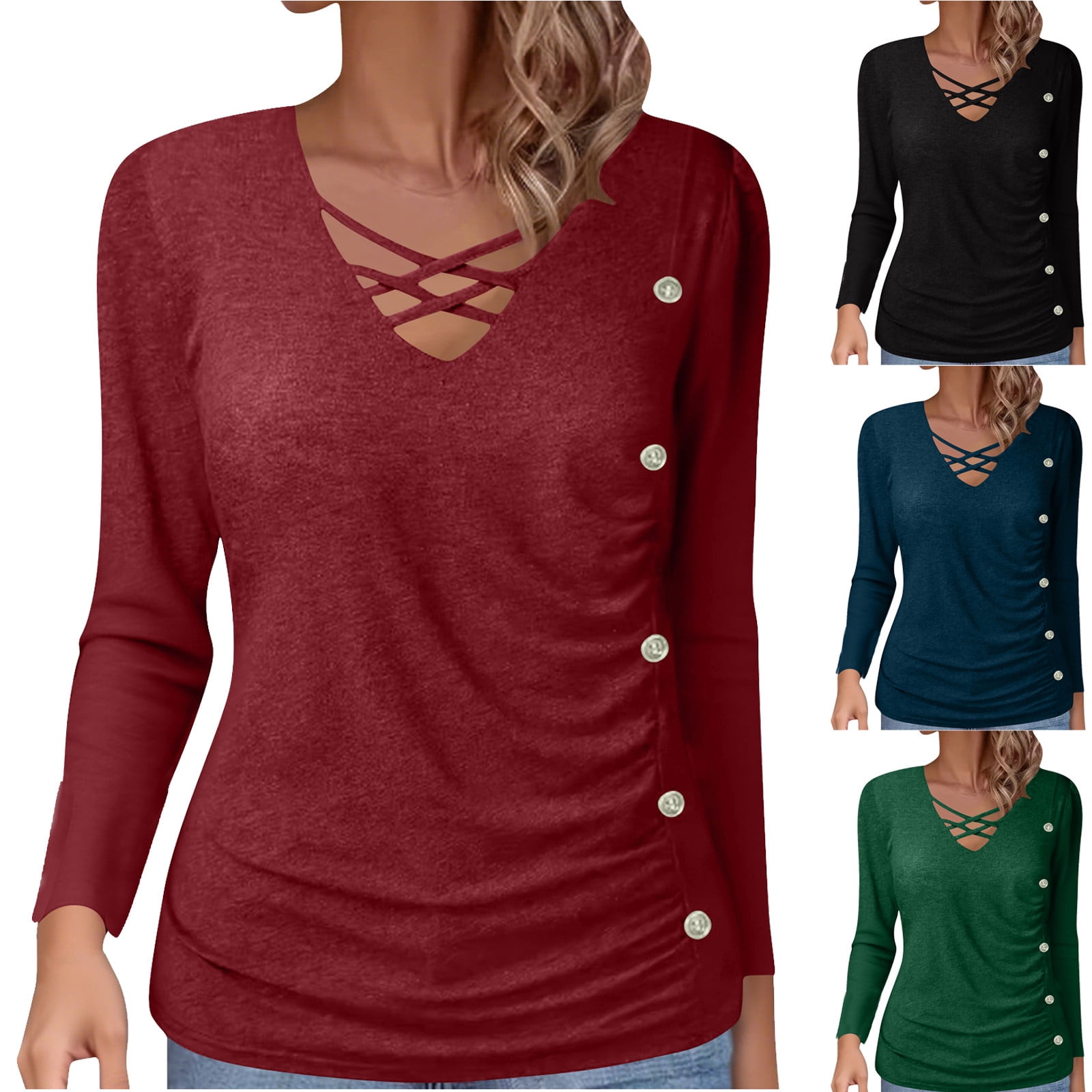 Antinious Womens Solid V Neck Long Sleeve Oversized Knit Mock Button ...