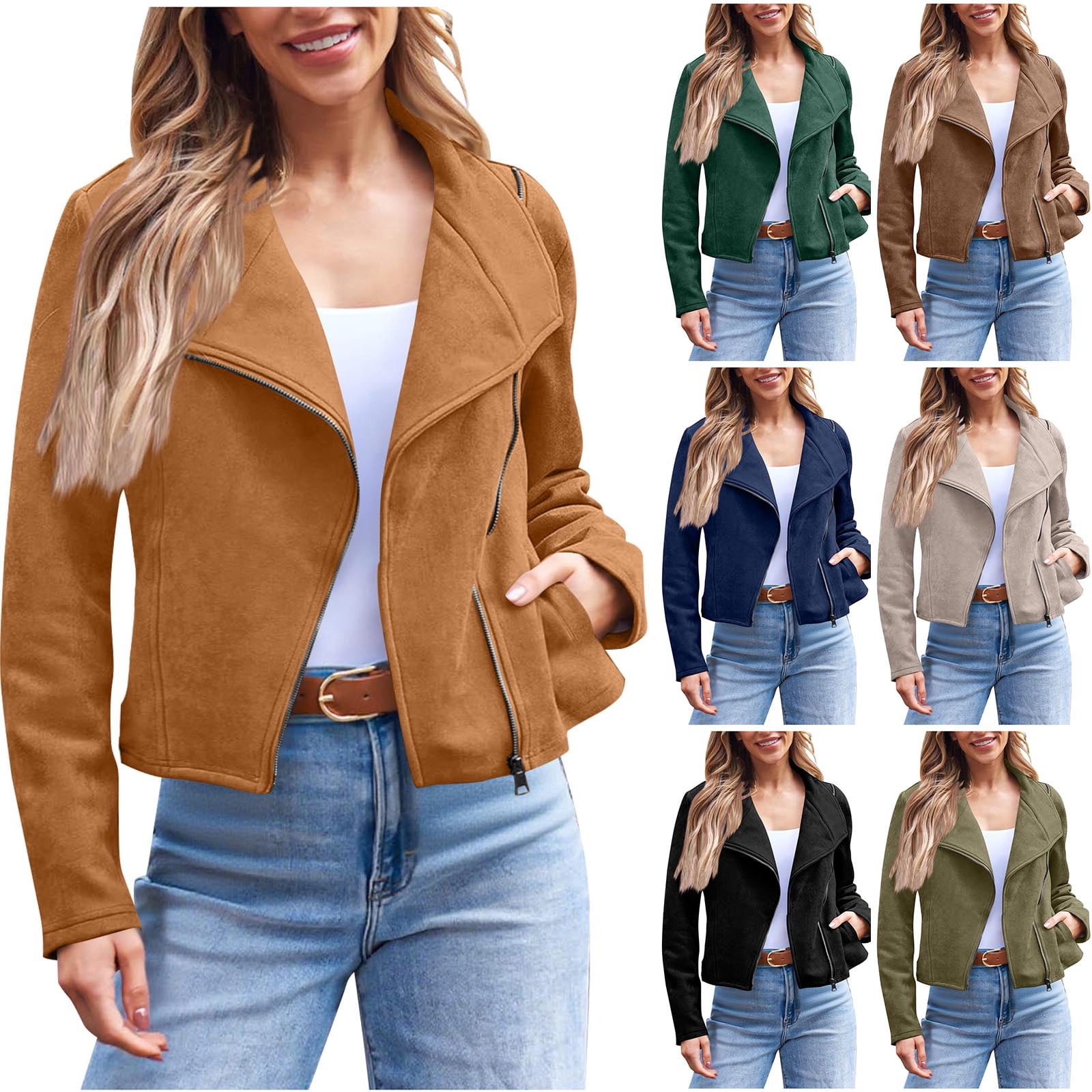 Antinious Womens Solid Zip Up Suede Jacket Long Sleeve Casual Silm ...