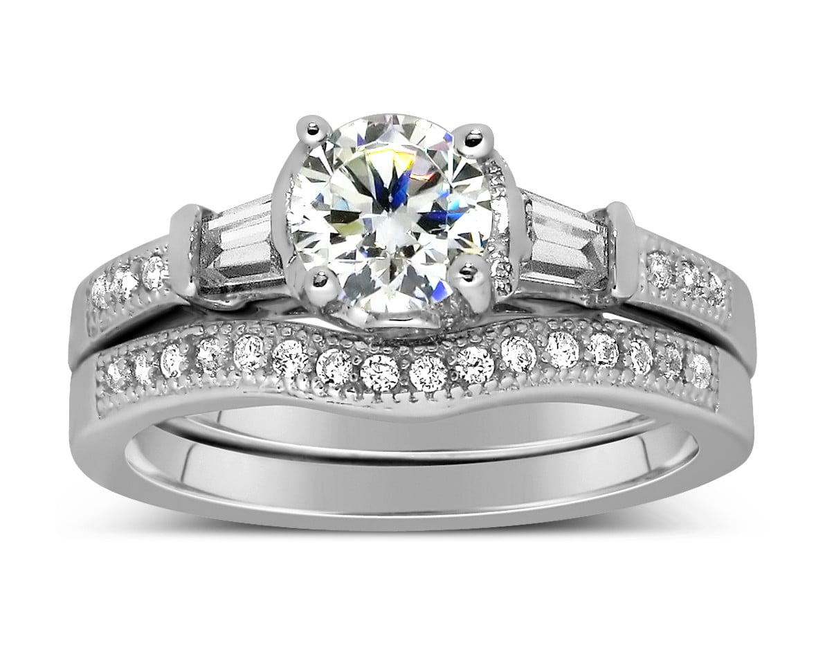 Antique 2.00 Carat Round Moissanite Wedding Ring Set with Baguette ...