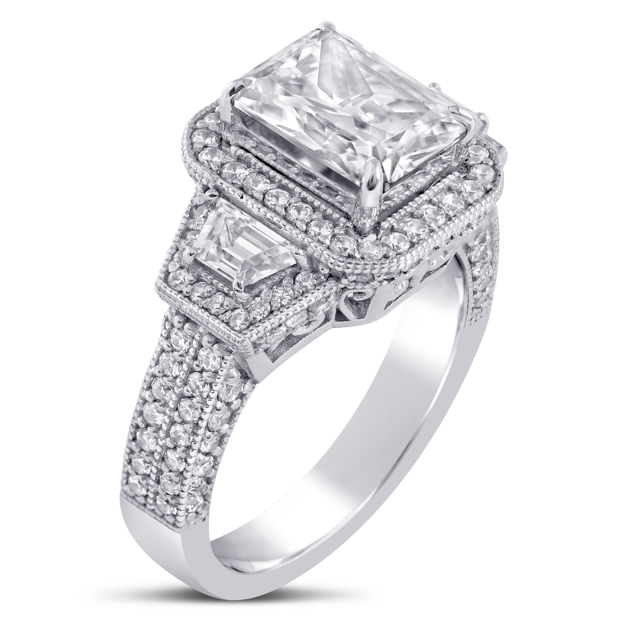 Antique 3ct Radiant Cut Royalty Diamond Engagement Ring With Trapezoids ...