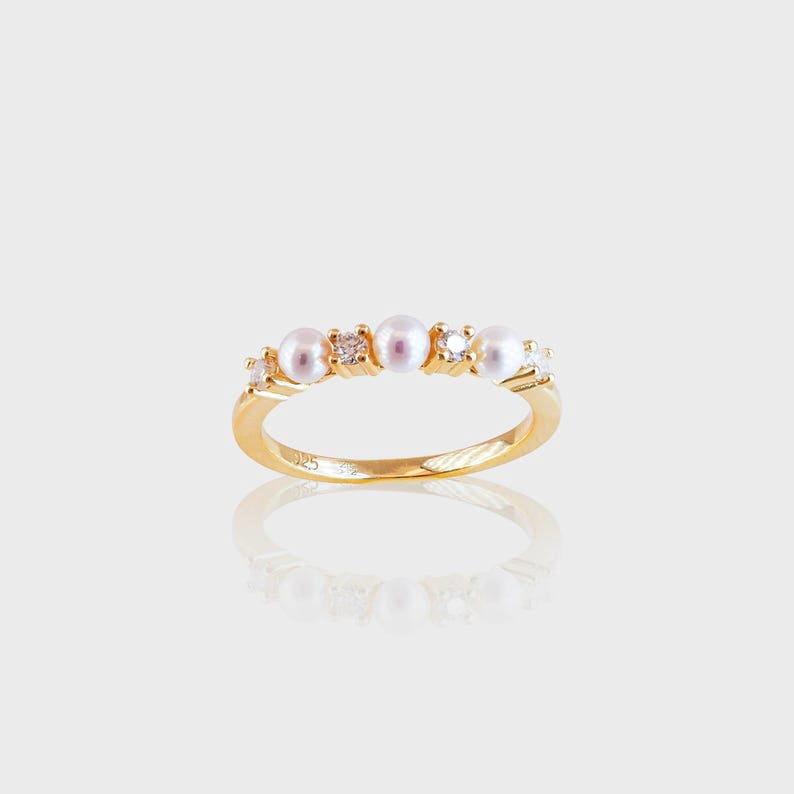 Antique Akoya Pearl and CZ Diamond Half Eternity Band, Solid Gold Half ...