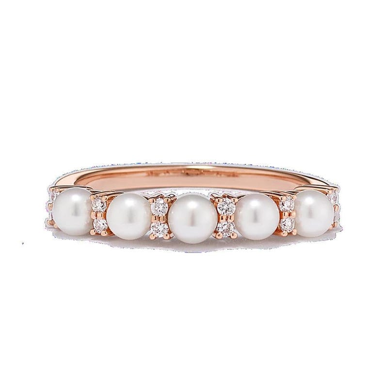 Antique Akoya Pearl and CZ Diamond Half Eternity Band, Solid Gold Half ...