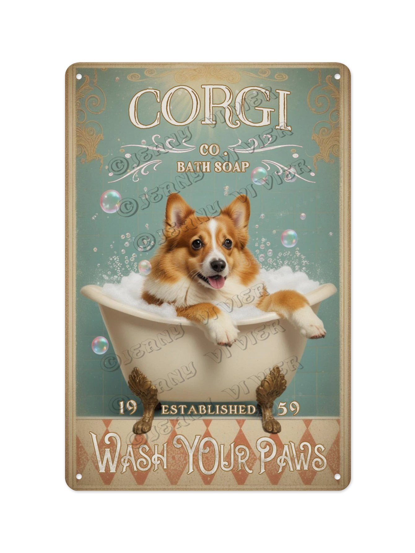Antique Aluminum Metal Sign, 12 x 16 Inches, Corgi Wash Your Paws Sign ...