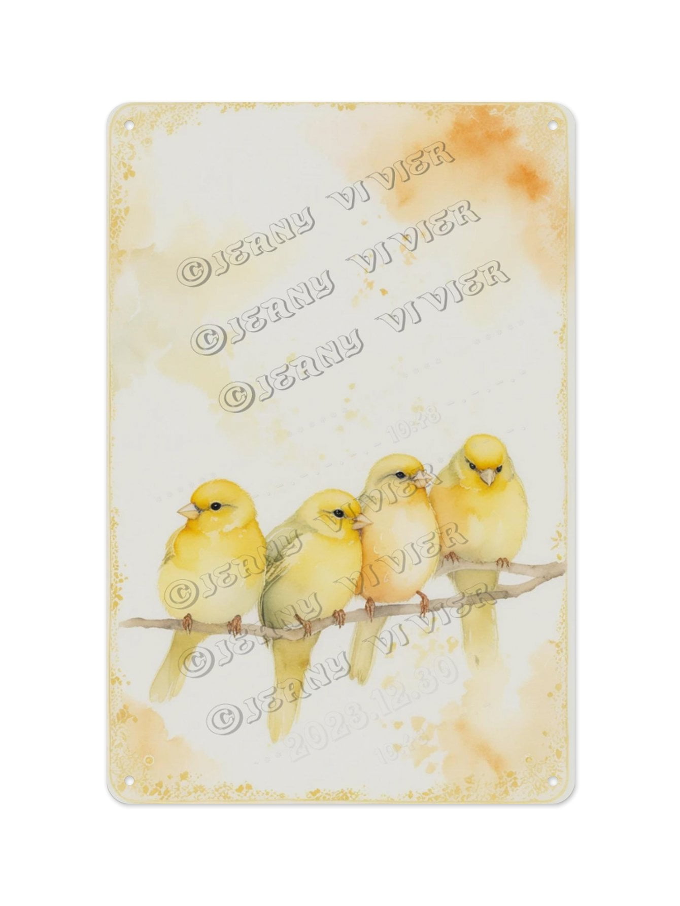 Antique Aluminum Sign, 8 x 12 Inches, Watercolor Canaries on The Branch ...