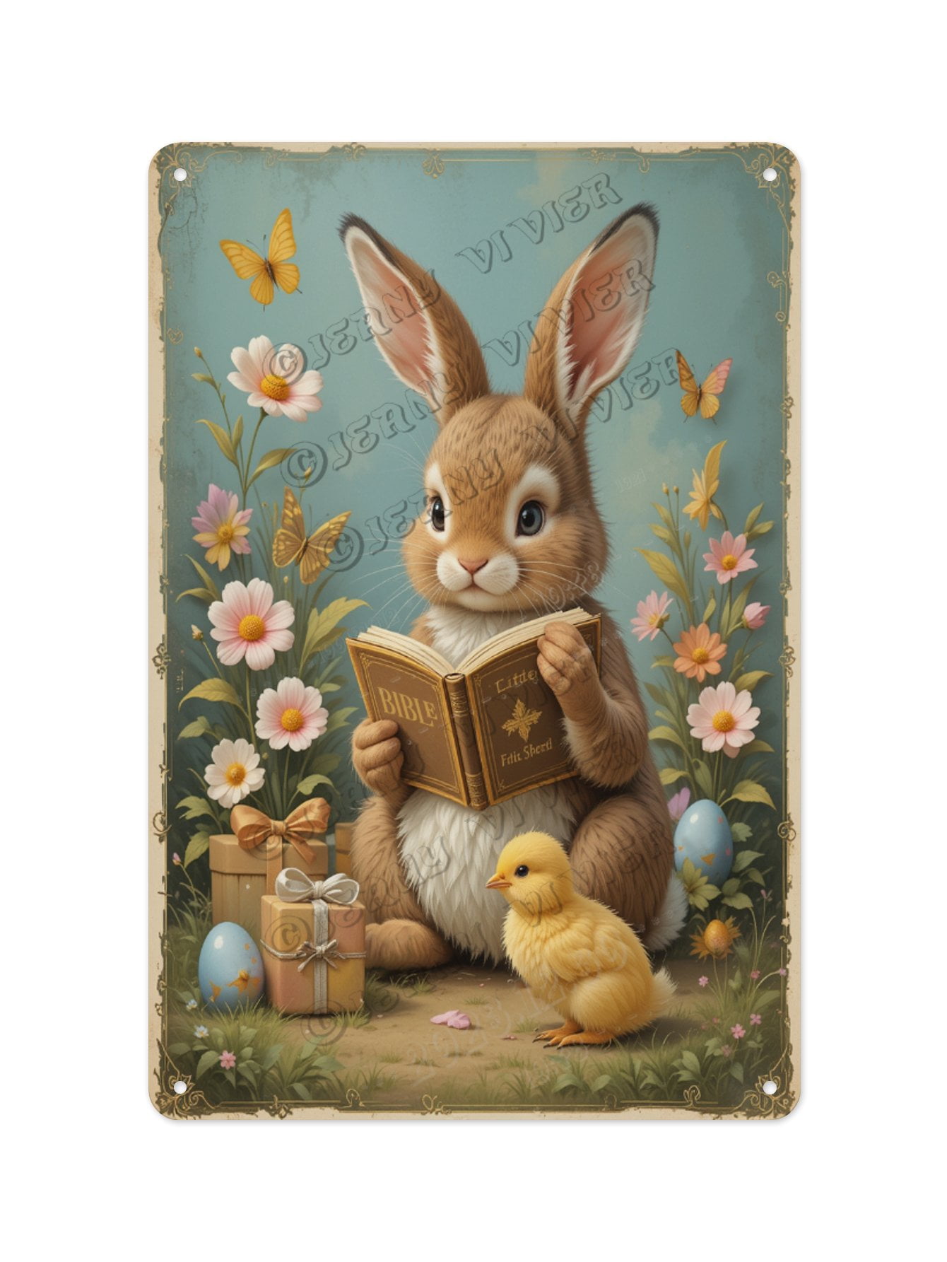 Antique Aluminum Sign with Bunny Reading the Holy Bible, 8 x 12 Inches ...