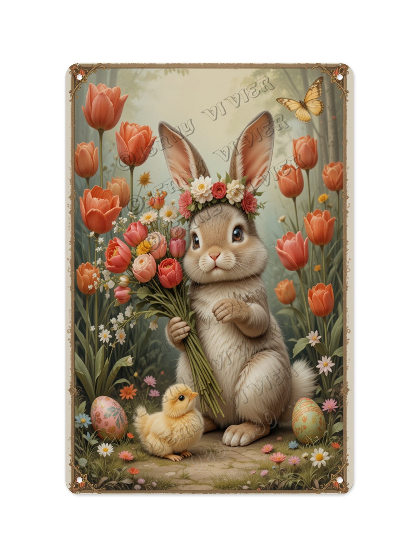 Antique Aluminum Sign Featuring a Cute Bunny with Red Tulip, 8 x 12 ...