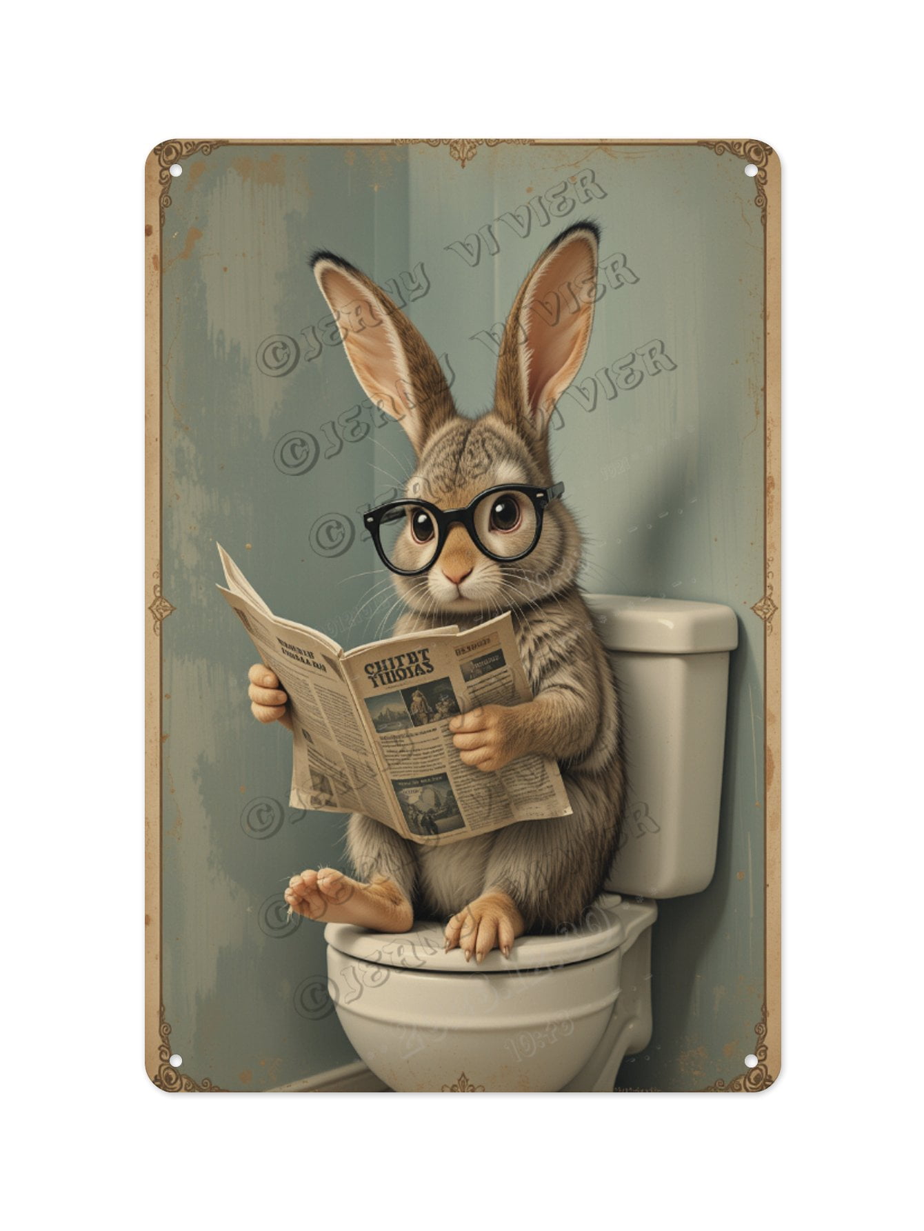 Antique Aluminum Sign Featuring a Funny Bunny Reading a Newspaper, 8 x ...