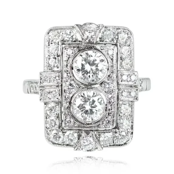 Antique Art Deco Halo Diamond Engagement Ring, 14K White Gold Plated, 2 ...