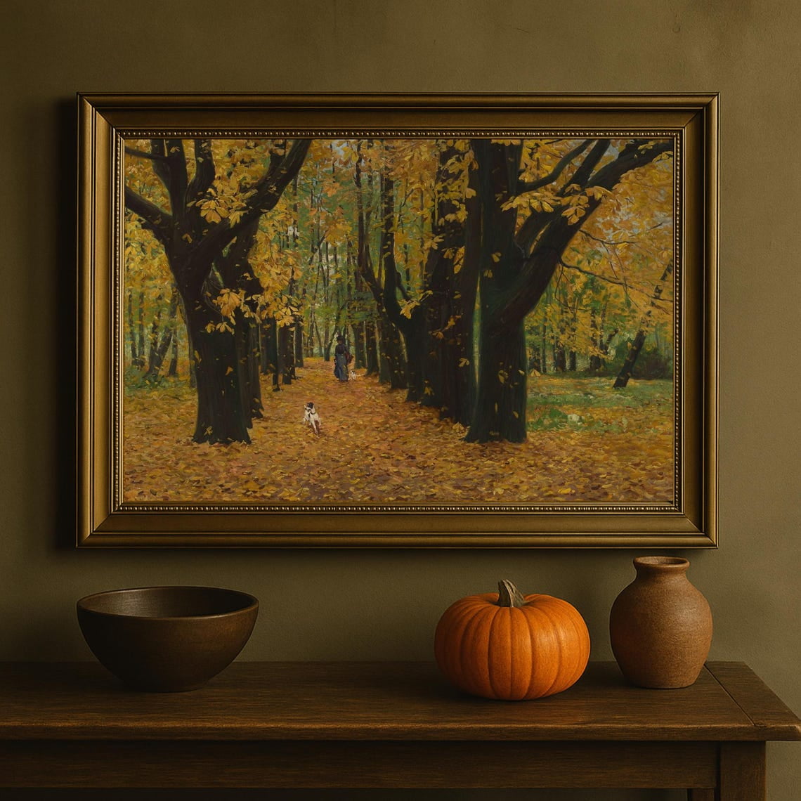 Antique Autumn Landscape Poster Victorian Lady And Dogs Home Decor ...