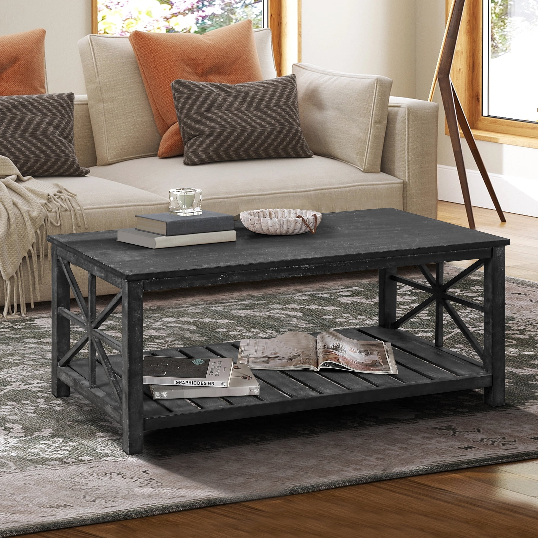 Antique Black Coffee Table With 47 Inch Storage, Inspired For Small ...
