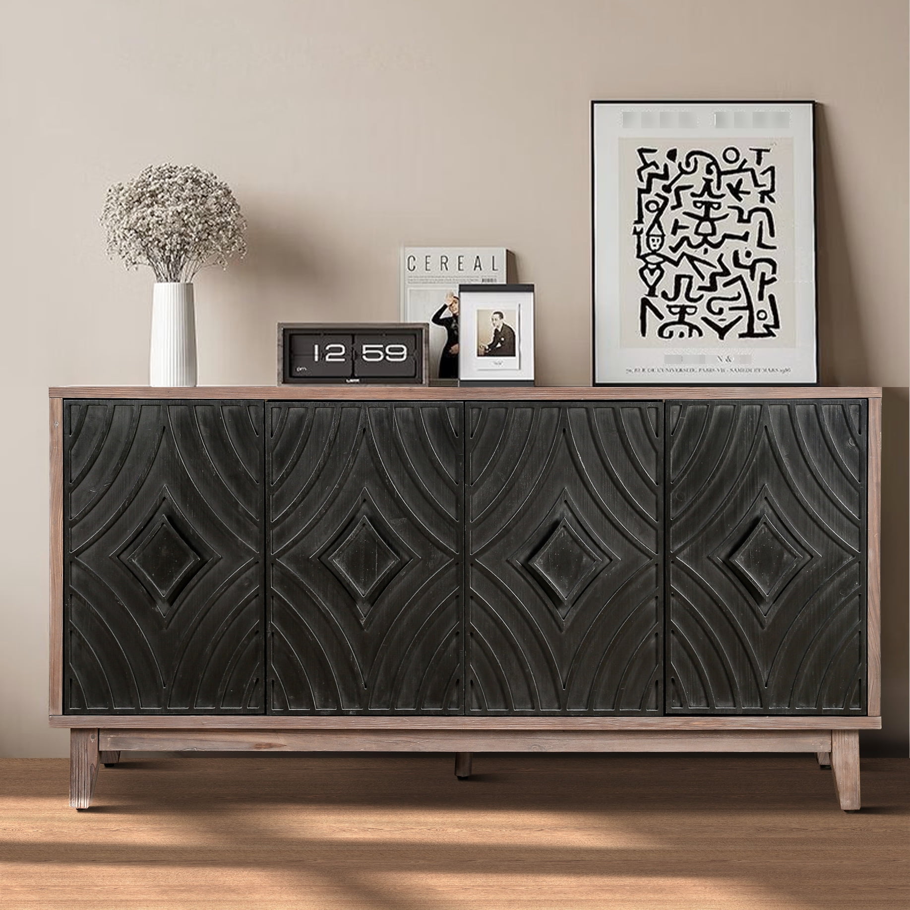 Antique Black Sideboard Cabinet With 4 Convex Pattern Doors And 2 ...