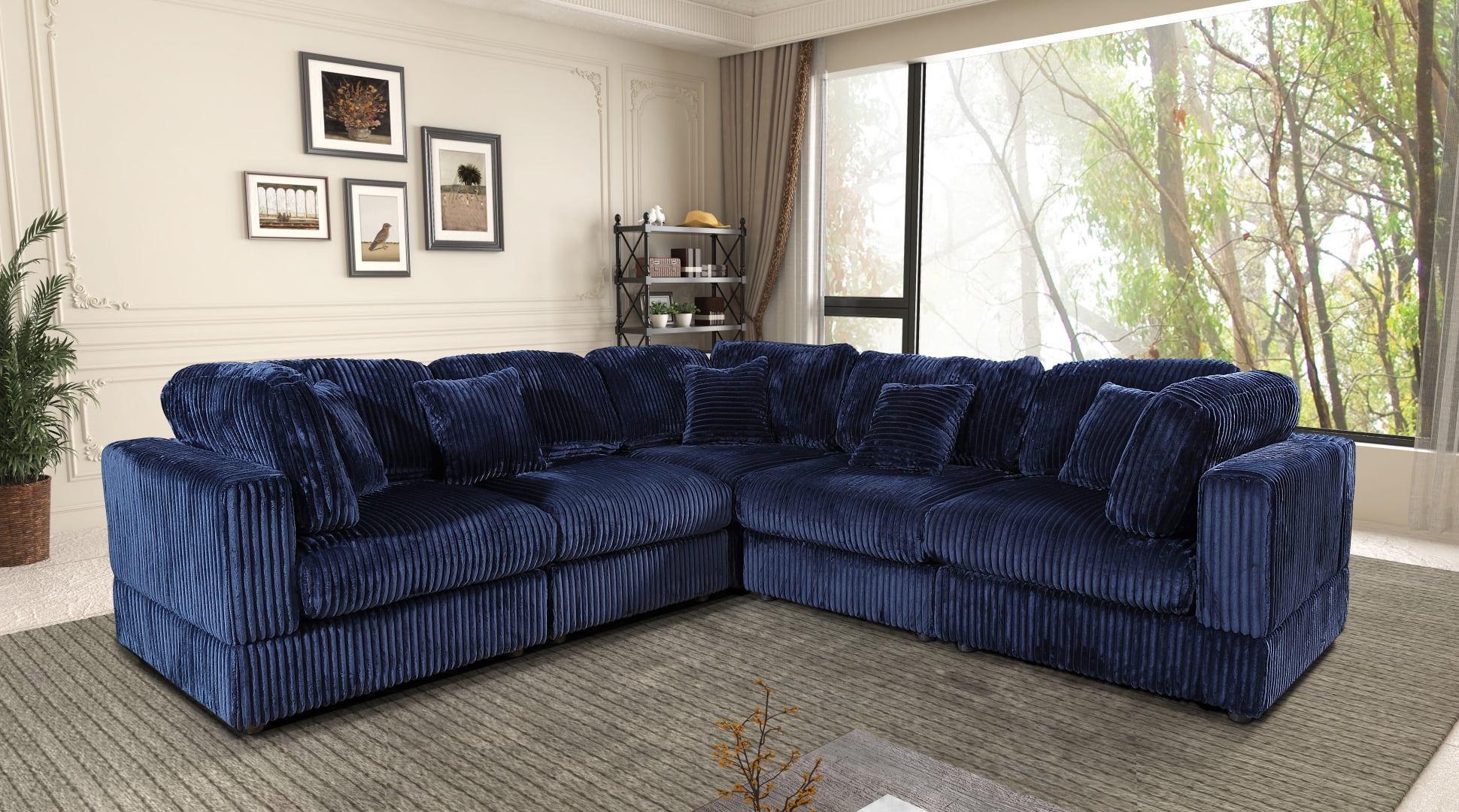 Antique Blue 5-Piece Modular Sectional Sofa with Striped Corduroy Fabric – Reconfigurable Layout ...