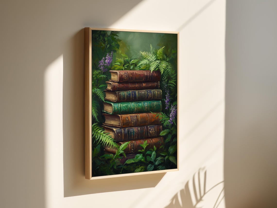 Antique Book Stack - Rustic Botanical Artwork With Ferns And Lavender ...